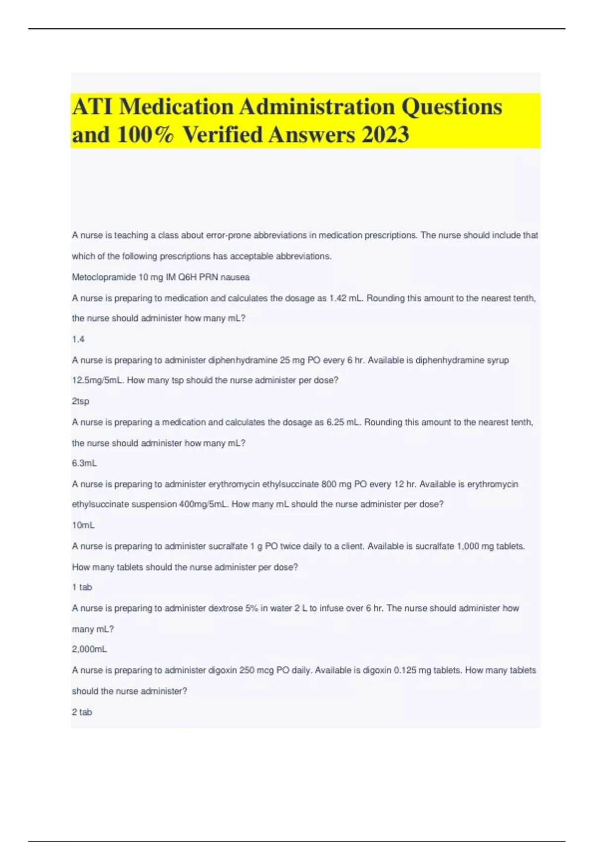 ATI Medication Administration Questions and 100% Verified Answers 2023 ...