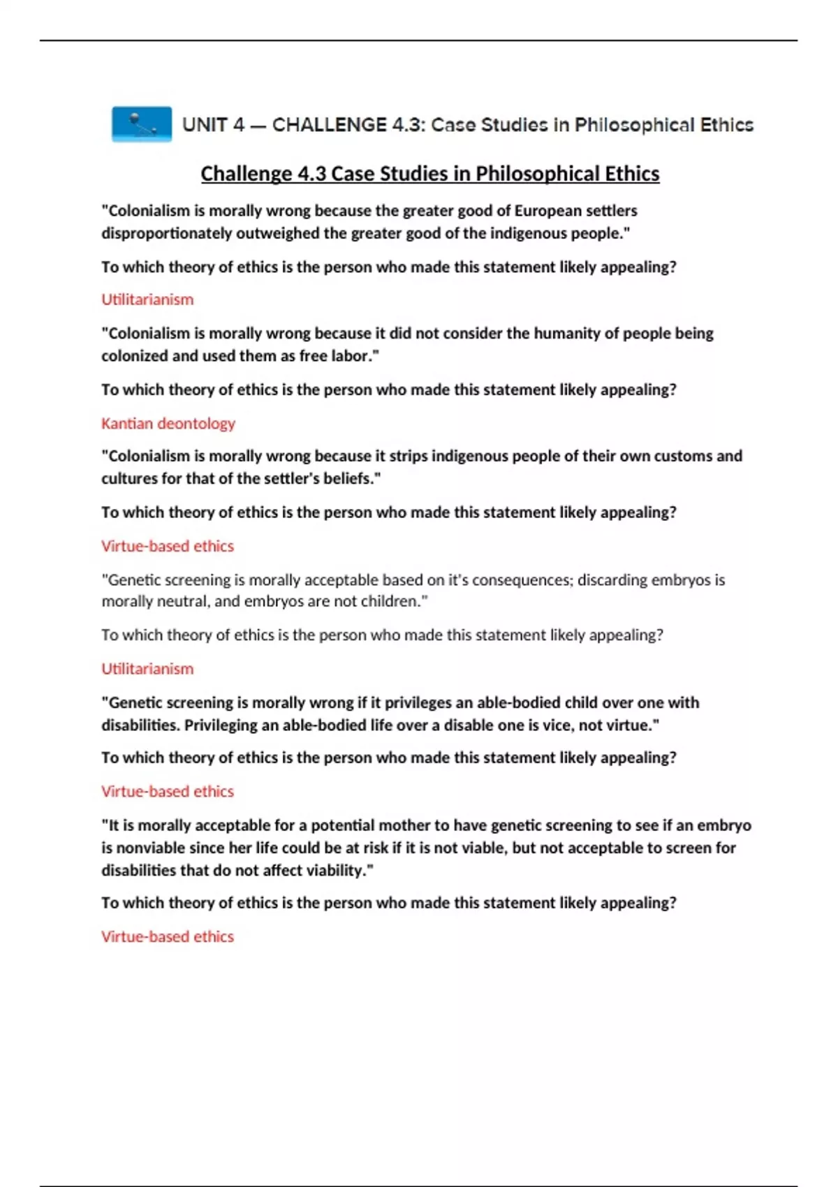 SOPHIA PATHWAYS Introduction to Ethics Unit 4 Challenge 4.2 Engaging Ethics Philosophically ...