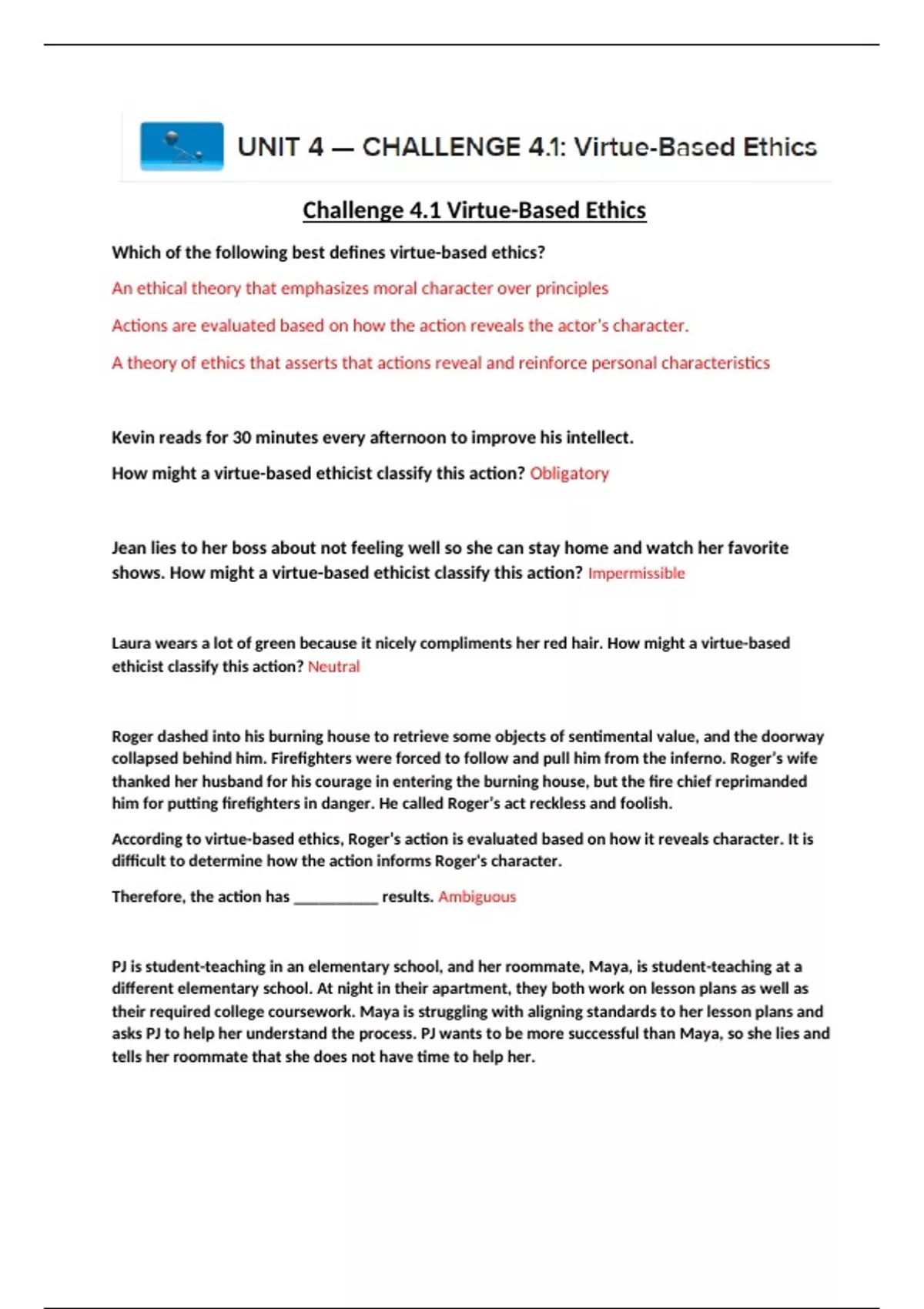 SOPHIA PATHWAYS Introduction to Ethics Unit 4 Challenge 4.1 Virtue-Based Ethics - Sophia - Stuvia US