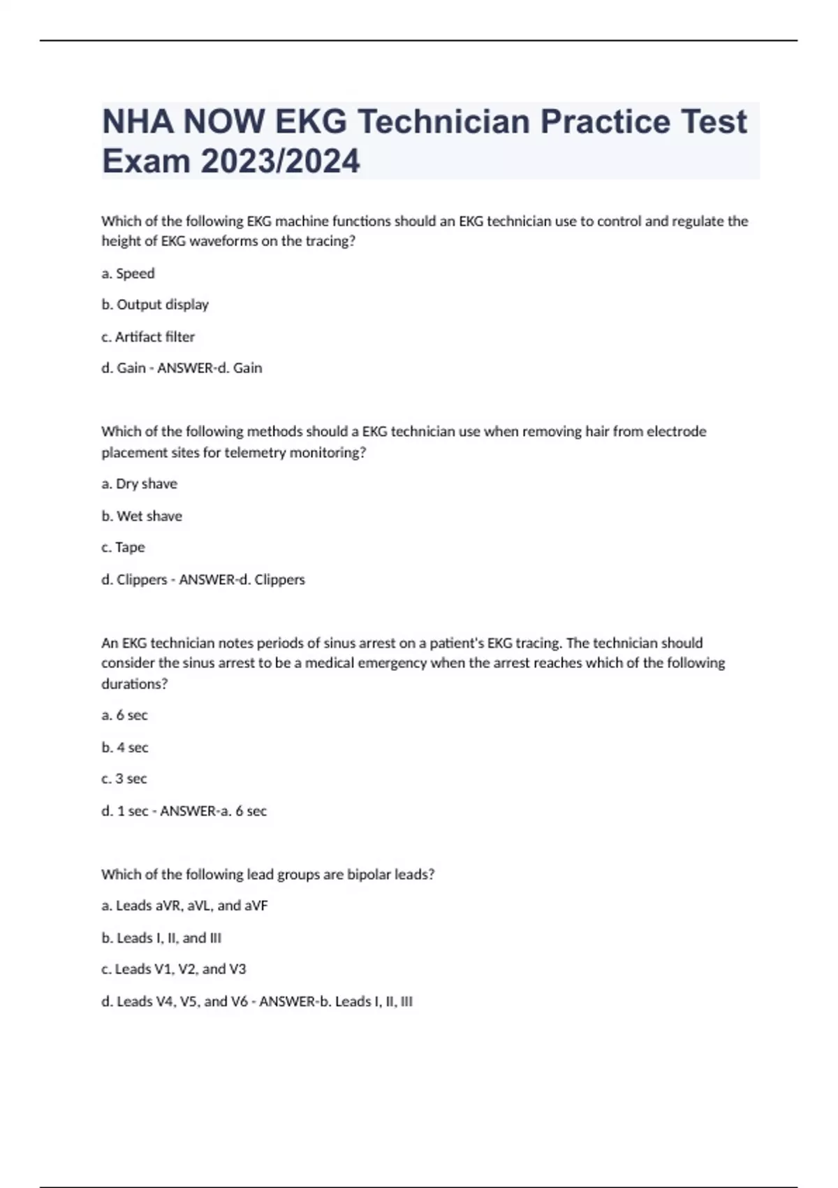 NHA NOW EKG Technician Practice Test Exam 2023/2024 - NHA NOW EKG ...