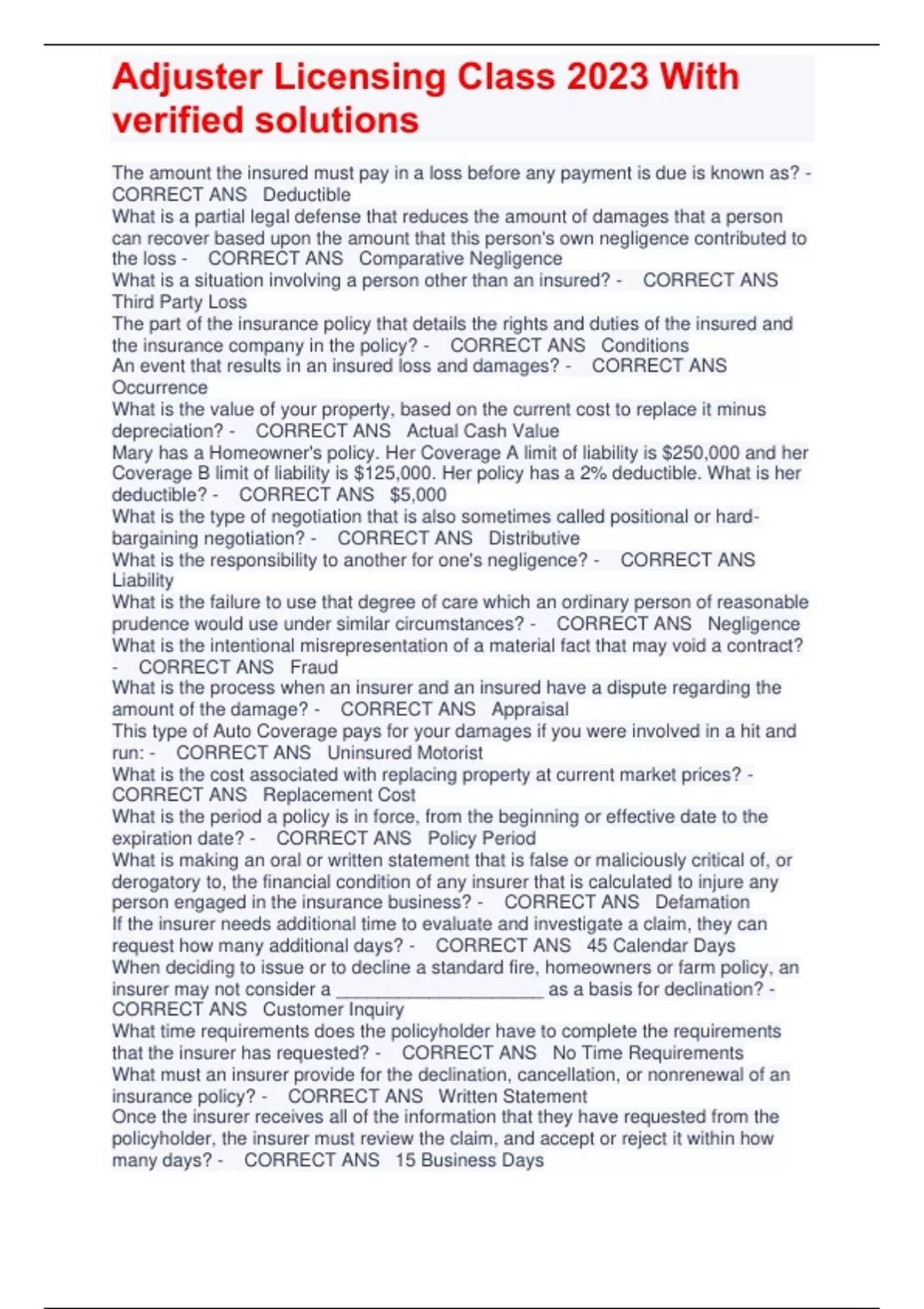 Adjuster Licensing Class 2023 With verified solutions - Adjuster ...