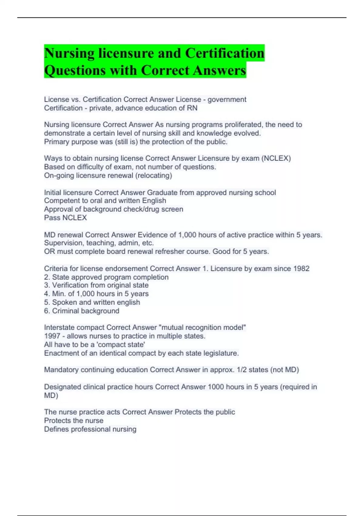 Nursing licensure and Certification Questions with Correct Answers ...