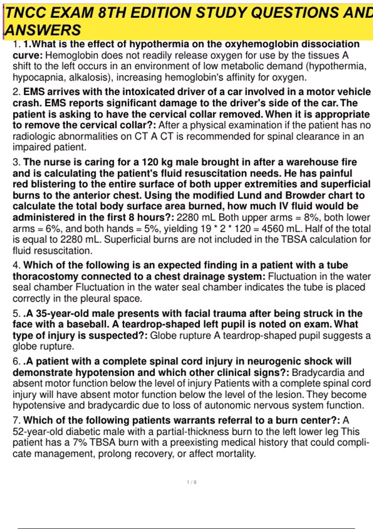TNCC EXAM 8TH EDITION STUDY QUESTIONS AND ANSWERS 2022 ( A+ GRADED 100% ...