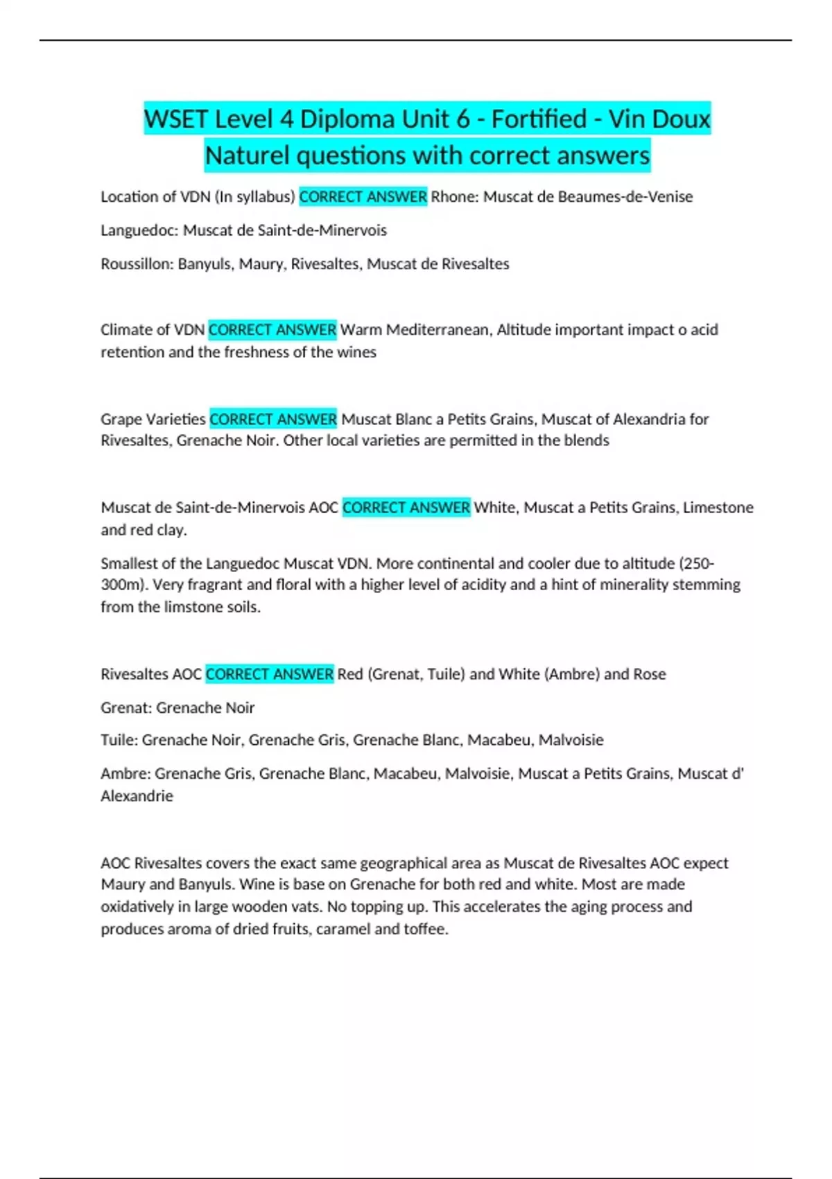 WSET Level 4 Diploma Unit 6 - Fortified - Vin Doux Naturel questions with correct answers - WSET ...