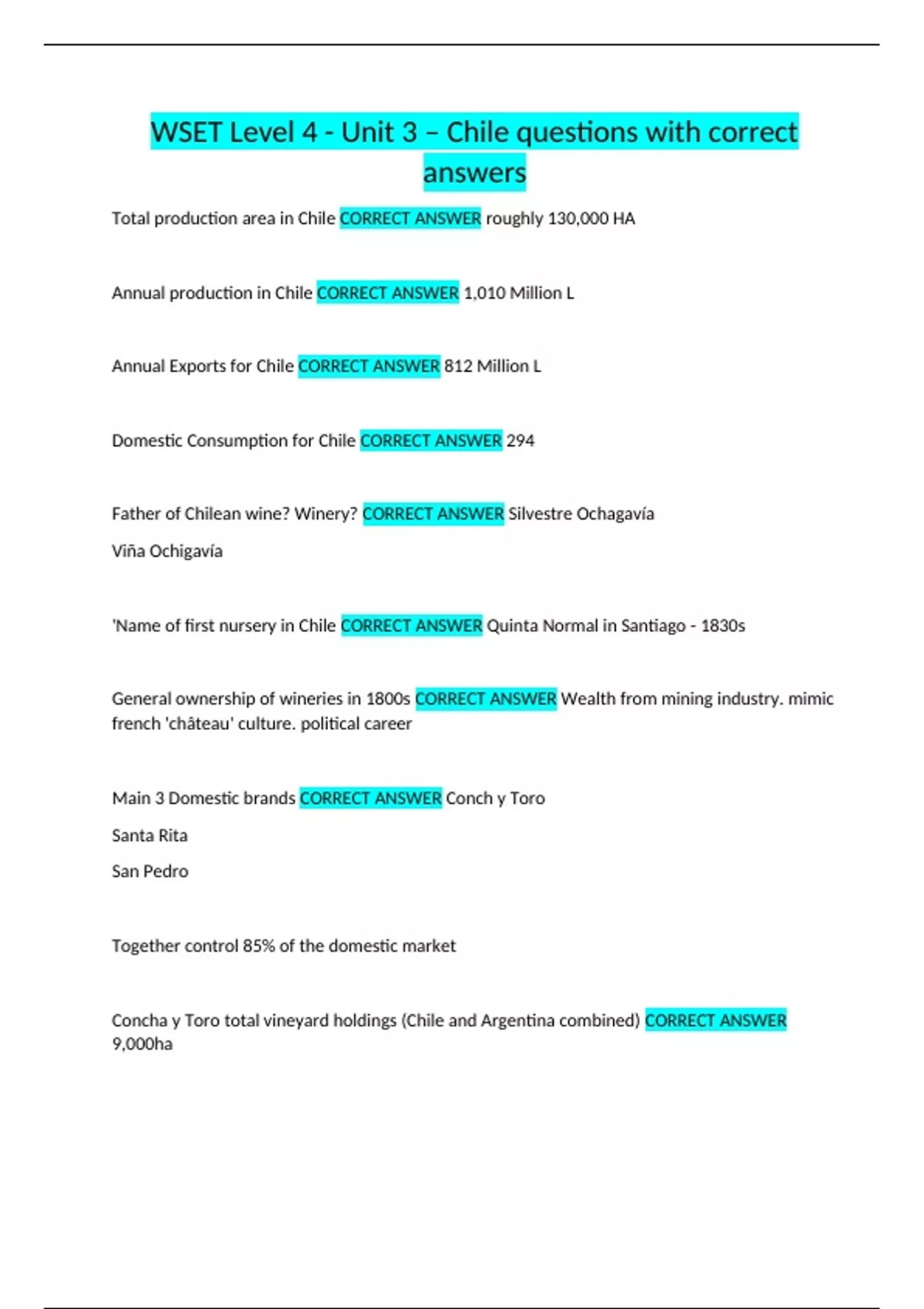 WSET Level 4 - Unit 3 – Chile questions with correct answers - WSET ...
