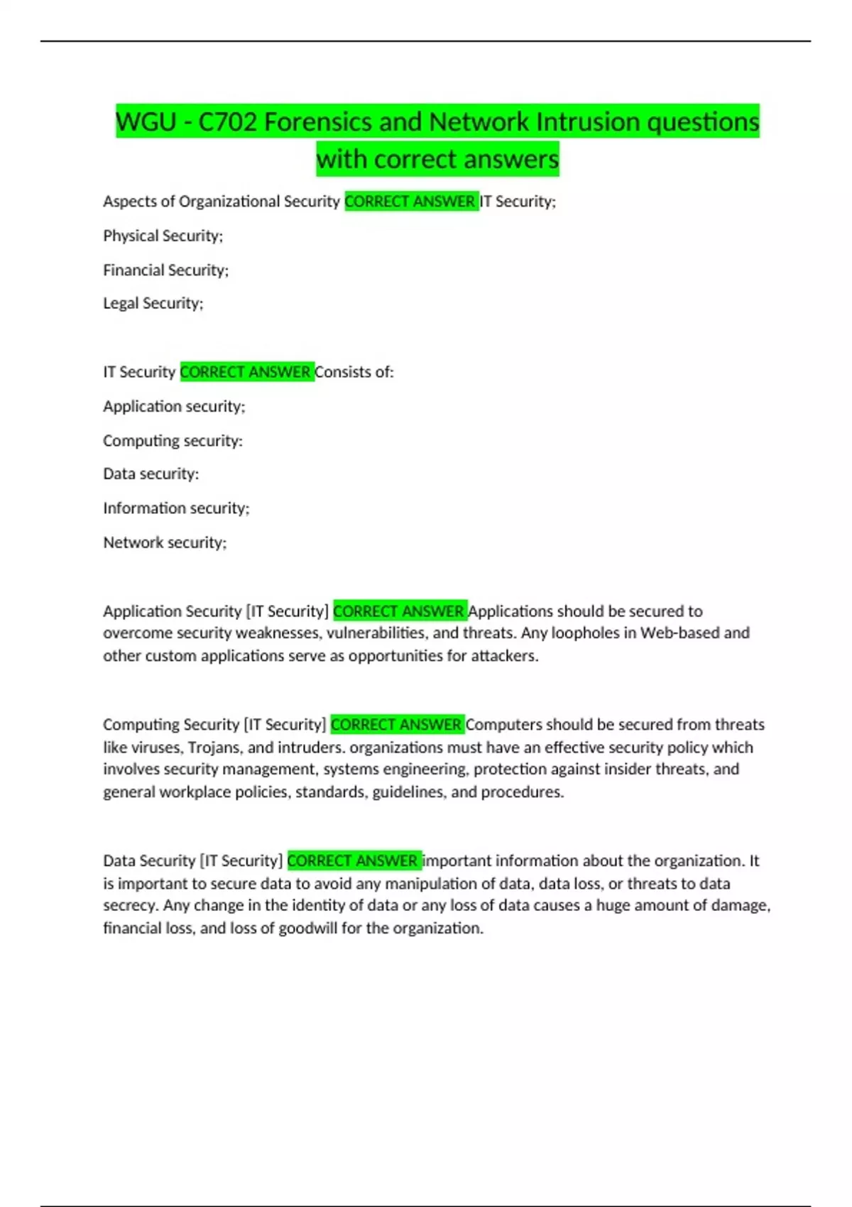 WGU - C702 Forensics and Network Intrusion questions with correct ...