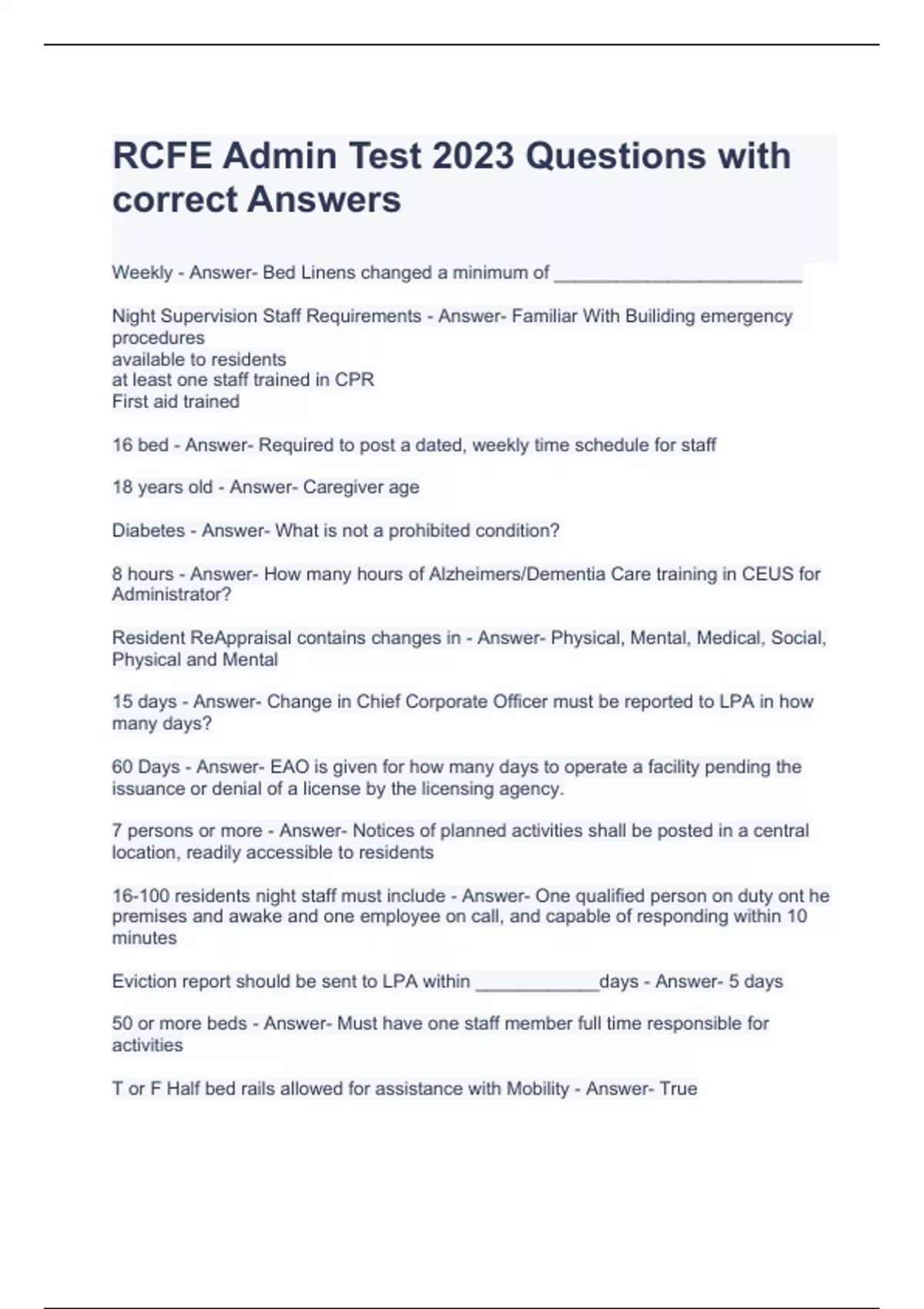 RCFE Admin Test 2023 Questions with correct Answers - RCFE - Stuvia US