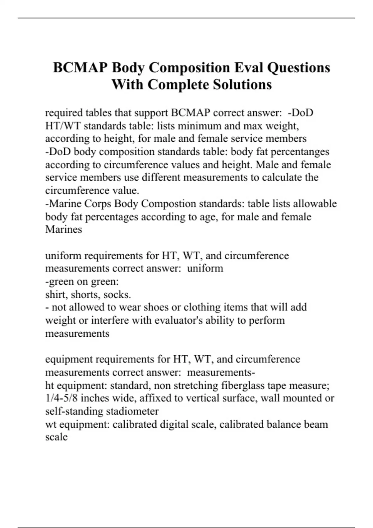 BCMAP Body Composition Eval Questions With Complete Solutions - BCMAP - Stuvia UK