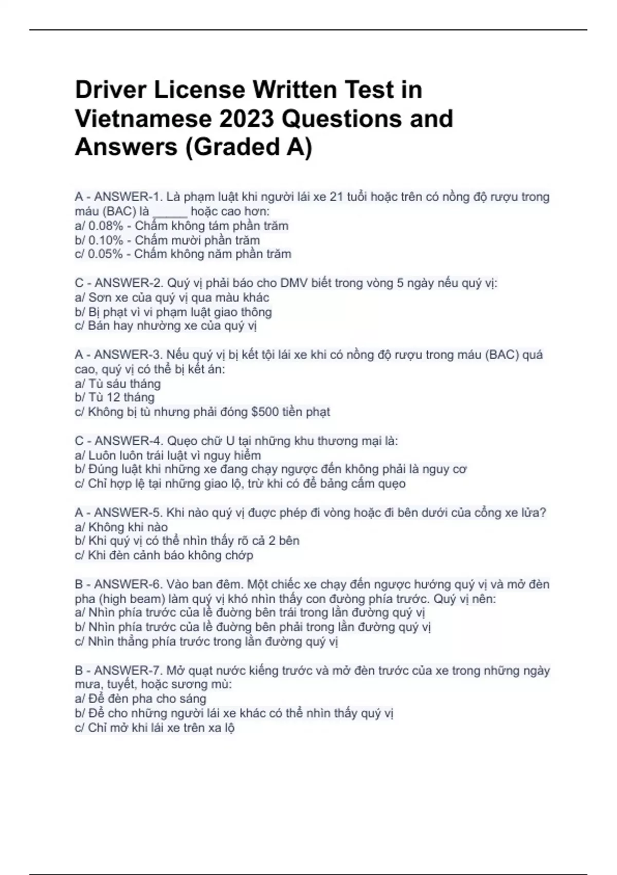Driver License Written Test in Vietnamese 2023 Questions and Answers ...