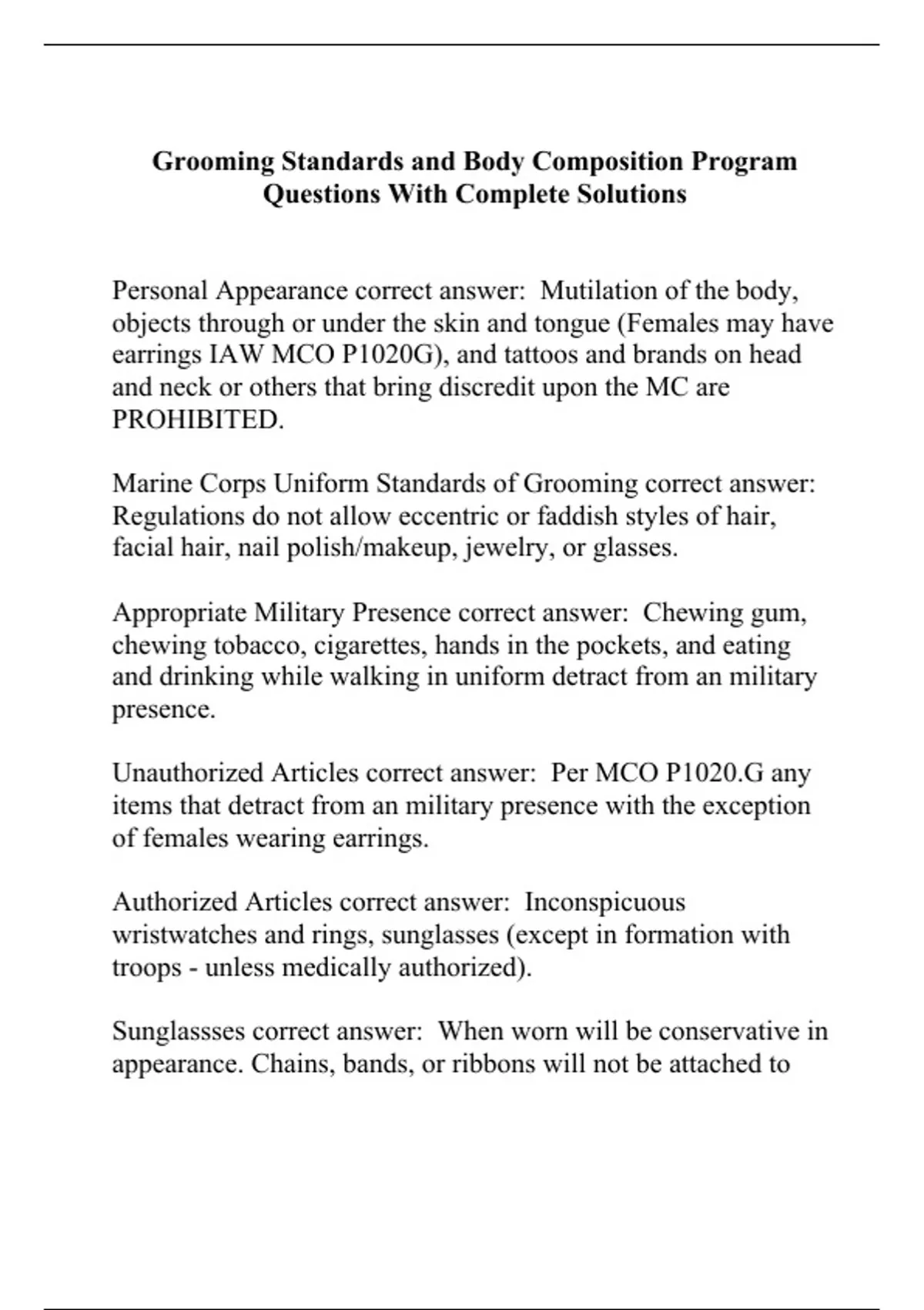 Grooming Standards and Body Composition Program Questions With Complete ...