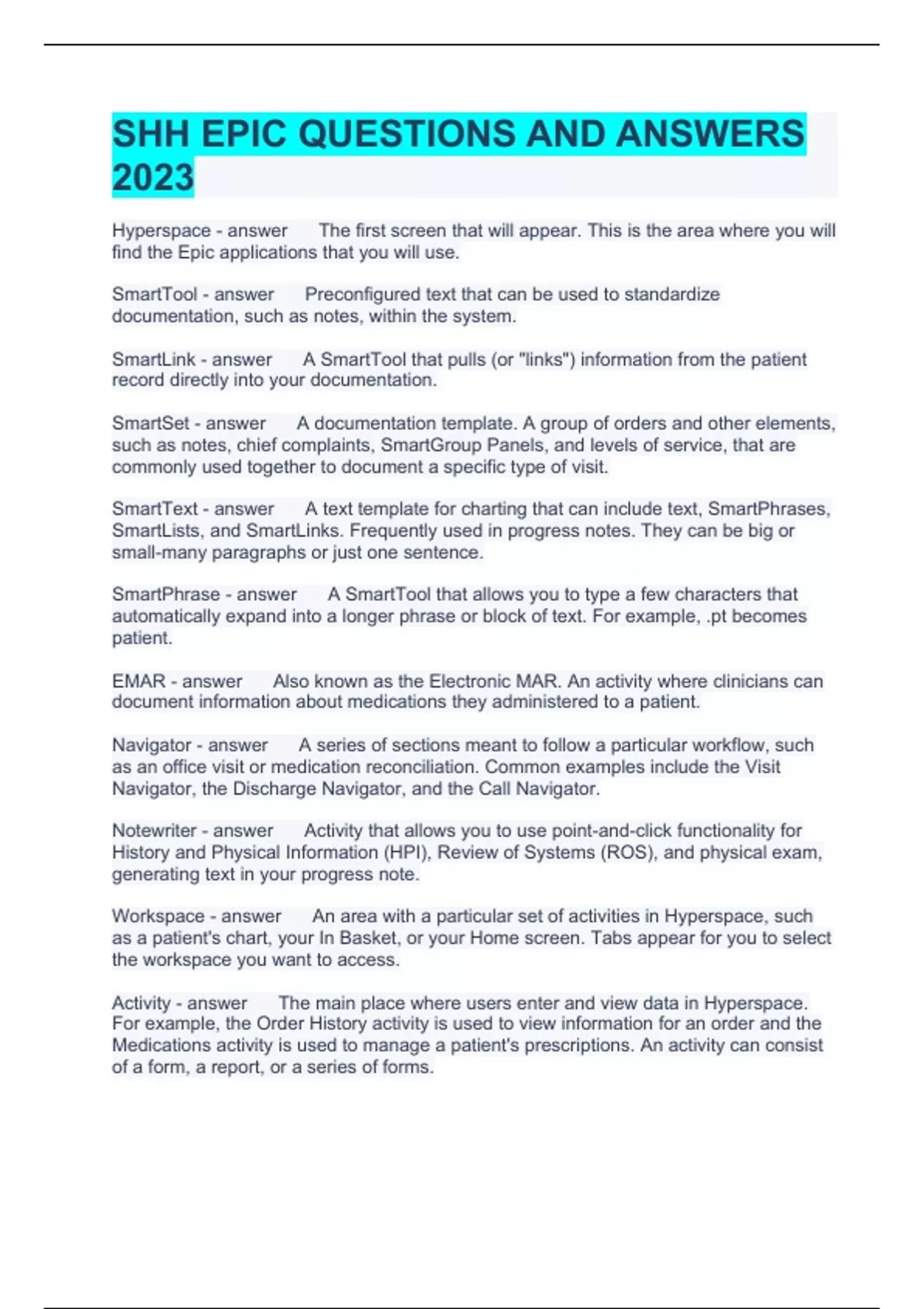 SHH EPIC QUESTIONS AND ANSWERS 2023 - Epic willow - Stuvia US