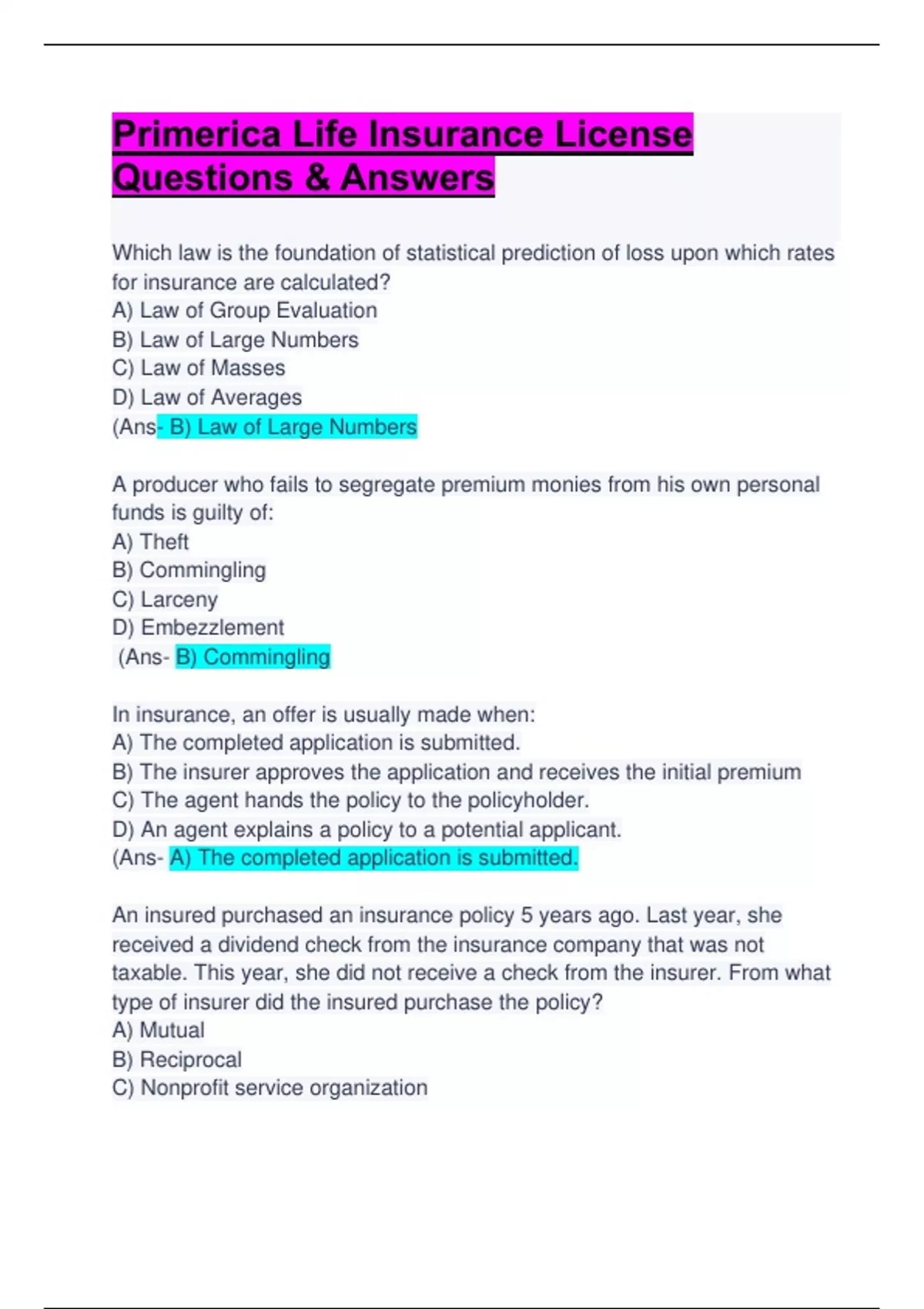 Primerica Life Insurance License : Questions & Answers: Updated ...