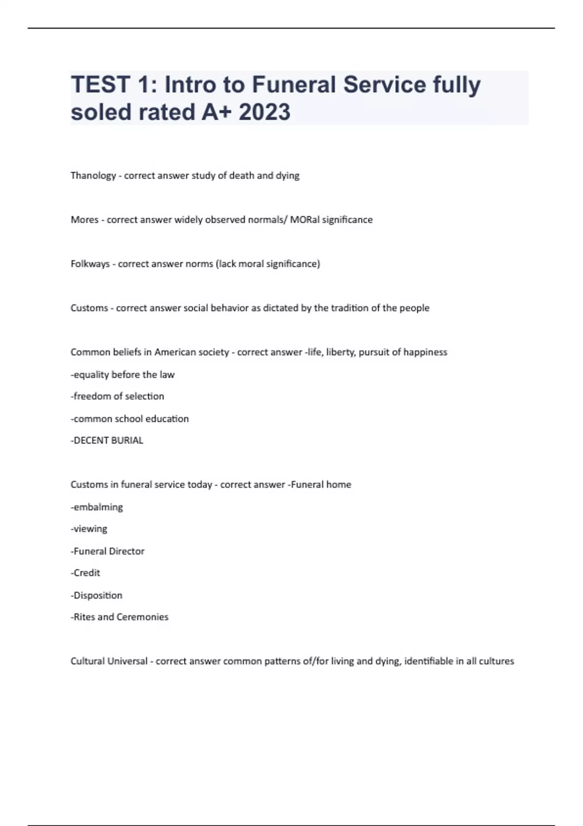 TEST 1: Intro to Funeral Service fully soled rated A+ 2023 - Funeral ...