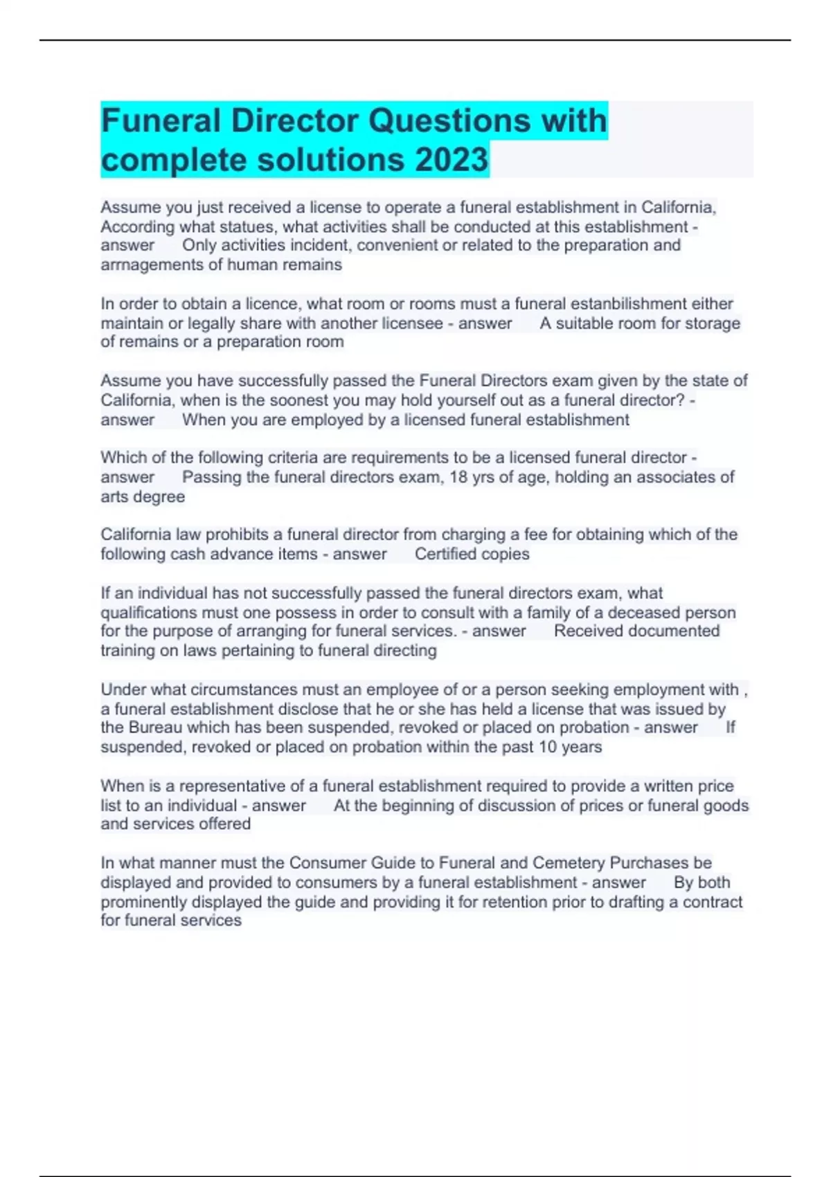 Funeral Director Questions with complete solutions 2023 - Funeral Director - Stuvia US