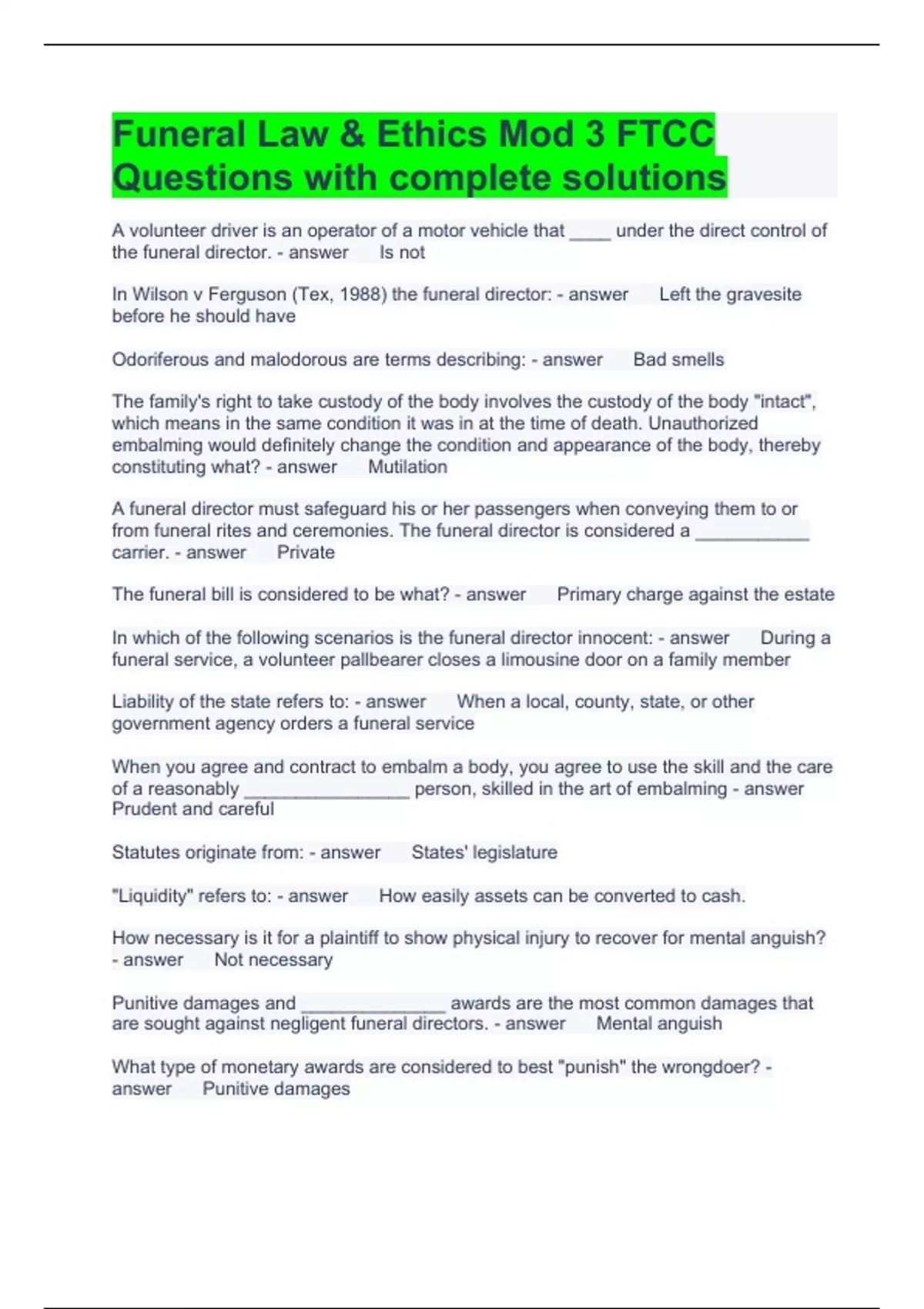 Funeral Law & Ethics Mod 3 FTCC Questions with complete solutions - Funeral Director - Stuvia US