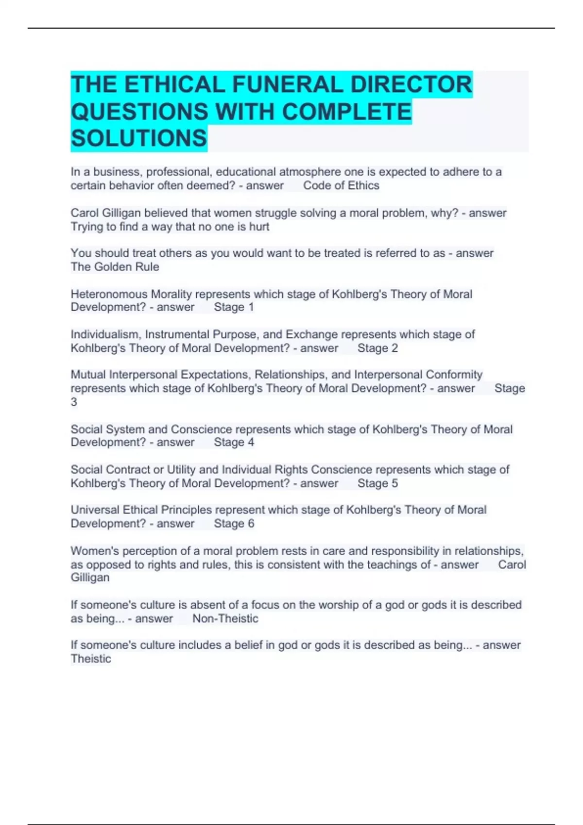 THE ETHICAL FUNERAL DIRECTOR QUESTIONS WITH COMPLETE SOLUTIONS ...