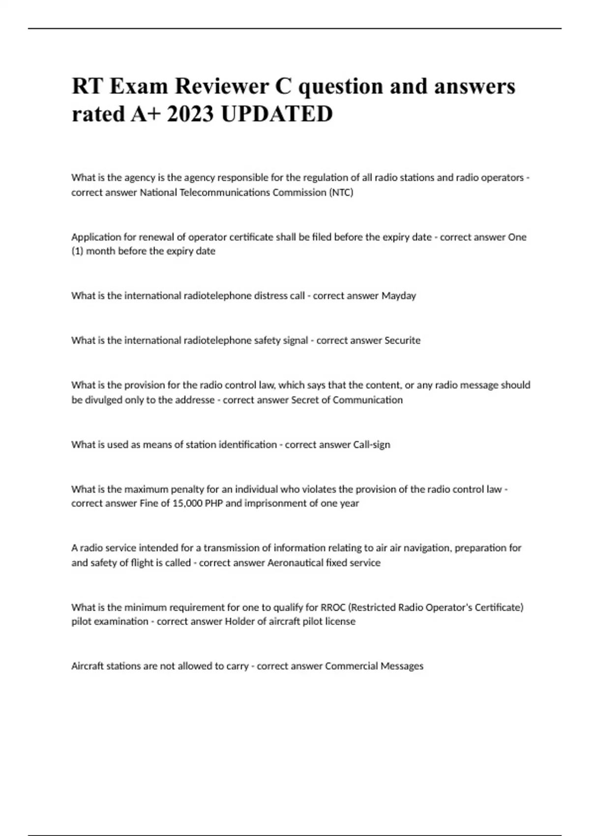 RT Exam Reviewer C question and answers rated A+ 2023 UPDATED - Radio operator - Stuvia US