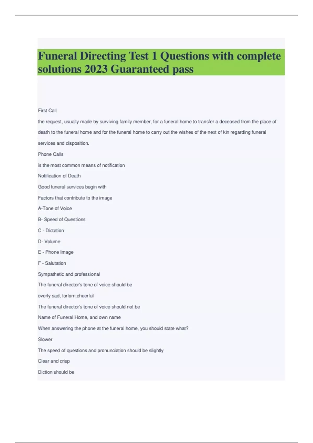 Funeral Directing Test 1 Questions with complete solutions 2023 ...