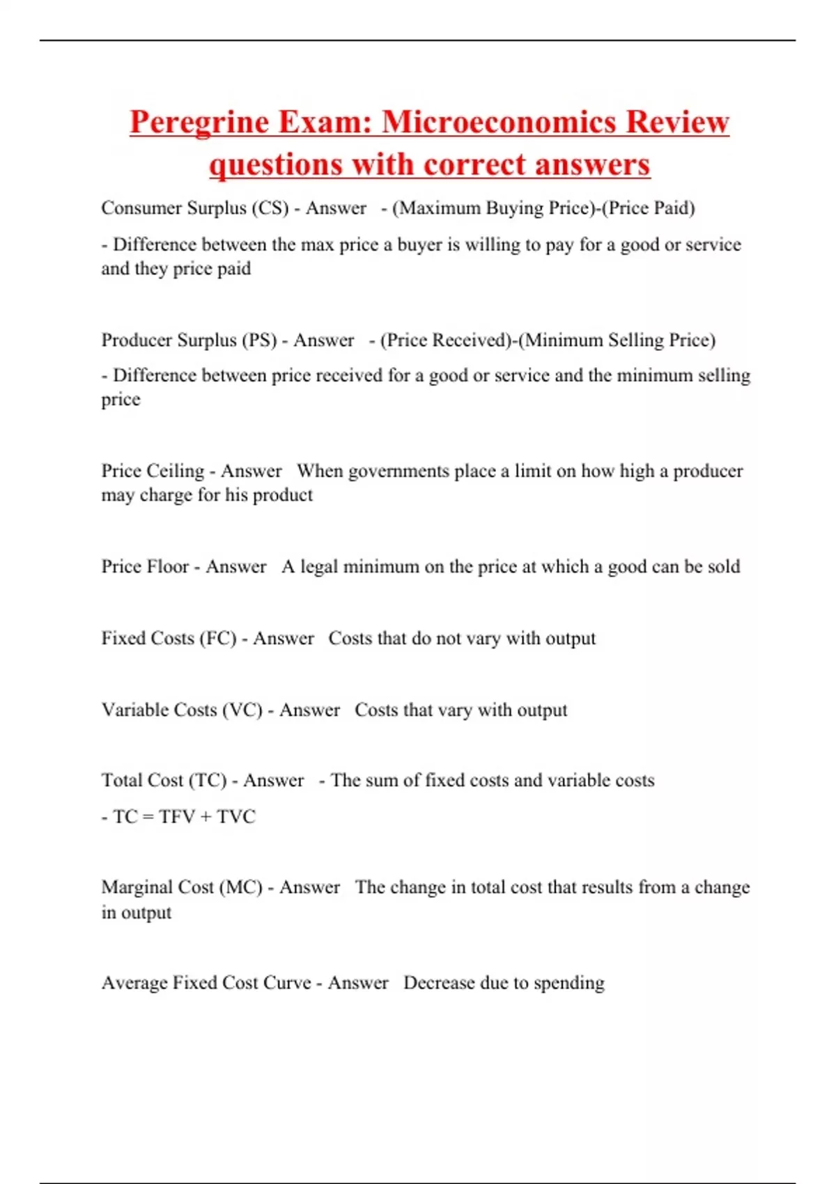 Peregrine Exam: Microeconomics Review questions with correct answers - Peregrine - Stuvia US