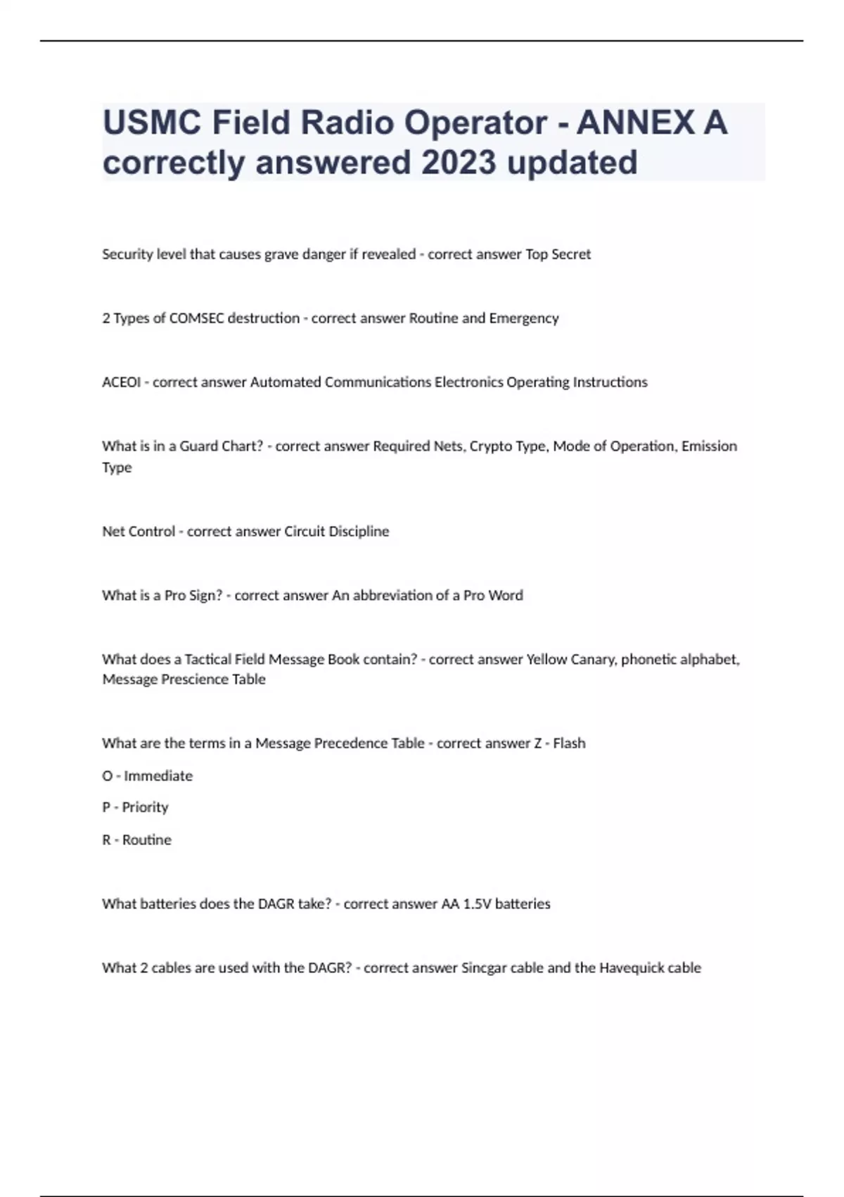 USMC Field Radio Operator - ANNEX A correctly answered 2023 updated ...