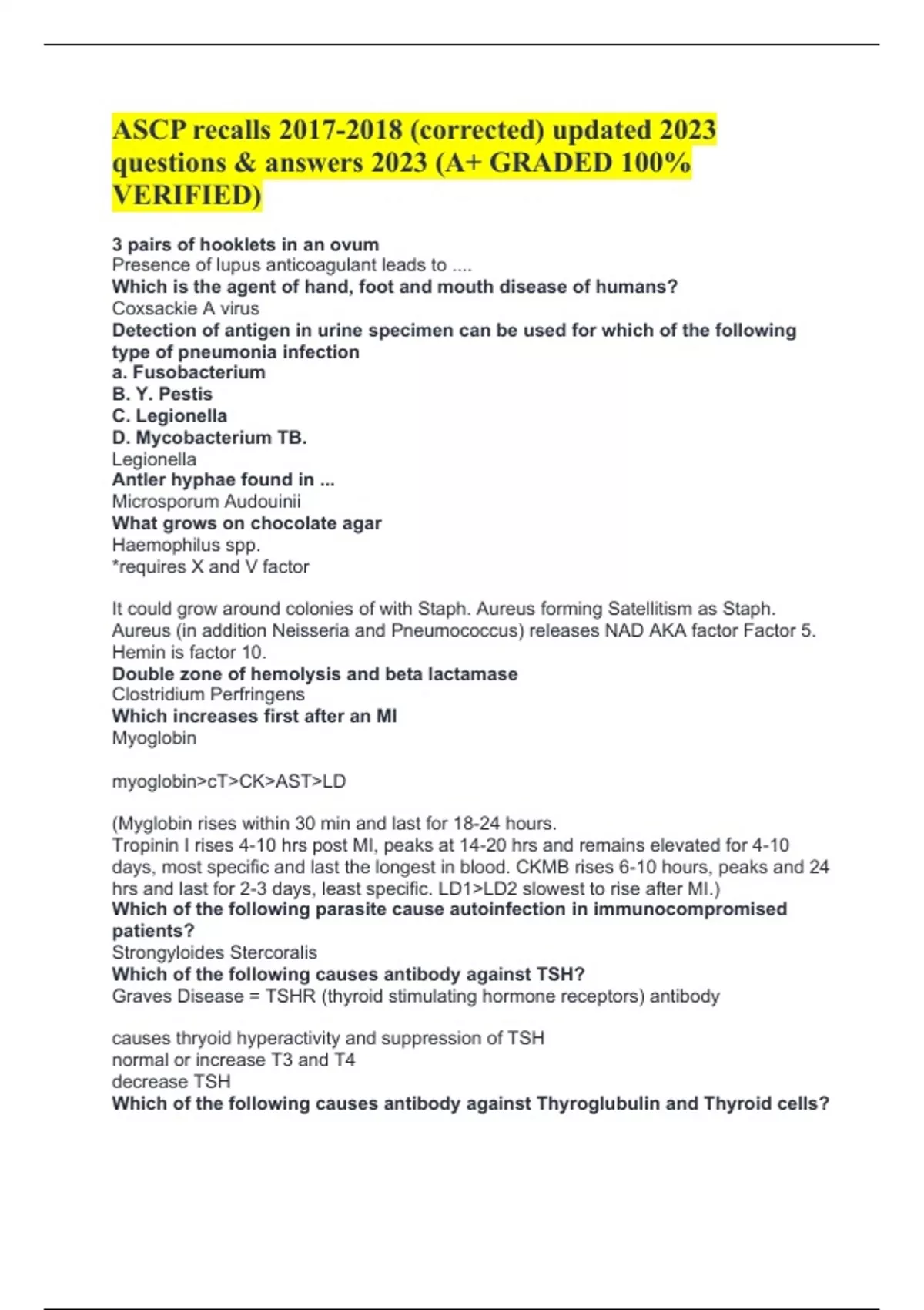 ASCP recalls (corrected) updated 2023 questions & answers 2023 (A+ GRADED 100% VERIFIED) - ASCP ...