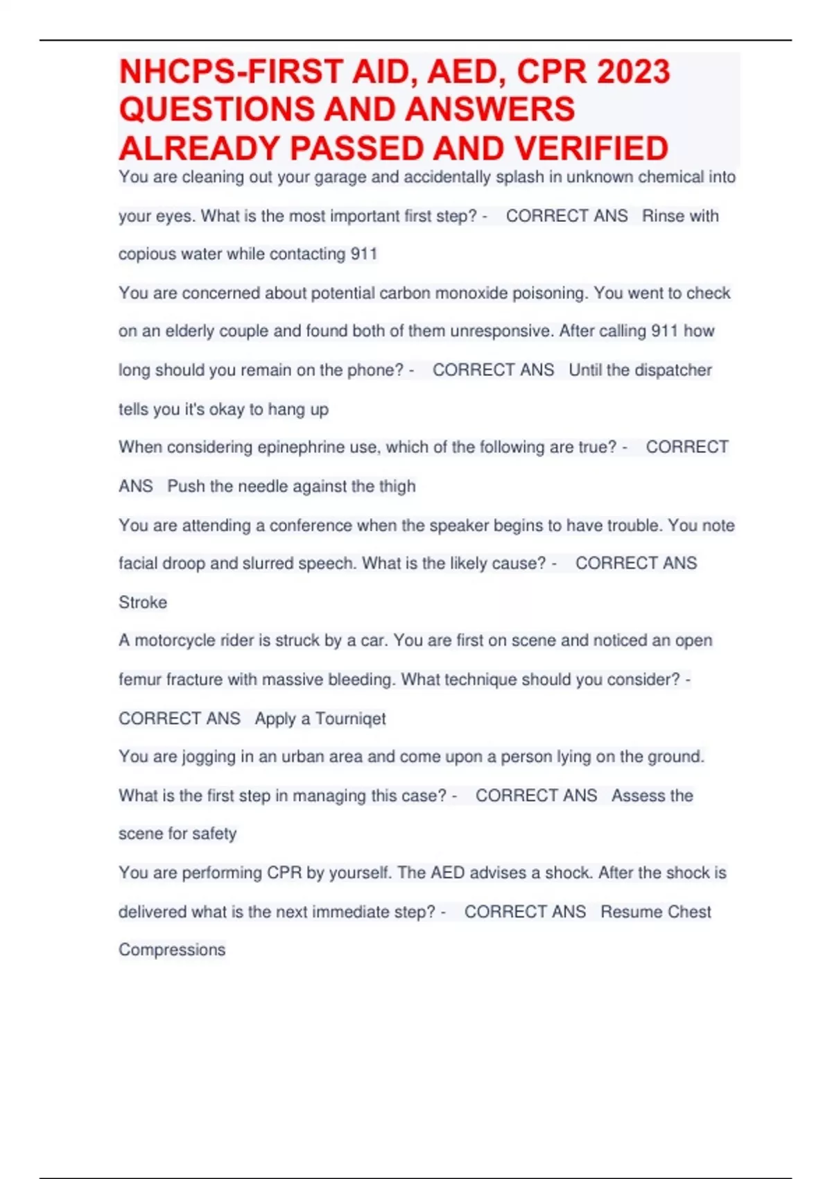 NHCPS-FIRST AID, AED, CPR 2023 QUESTIONS AND ANSWERS ALREADY PASSED AND ...