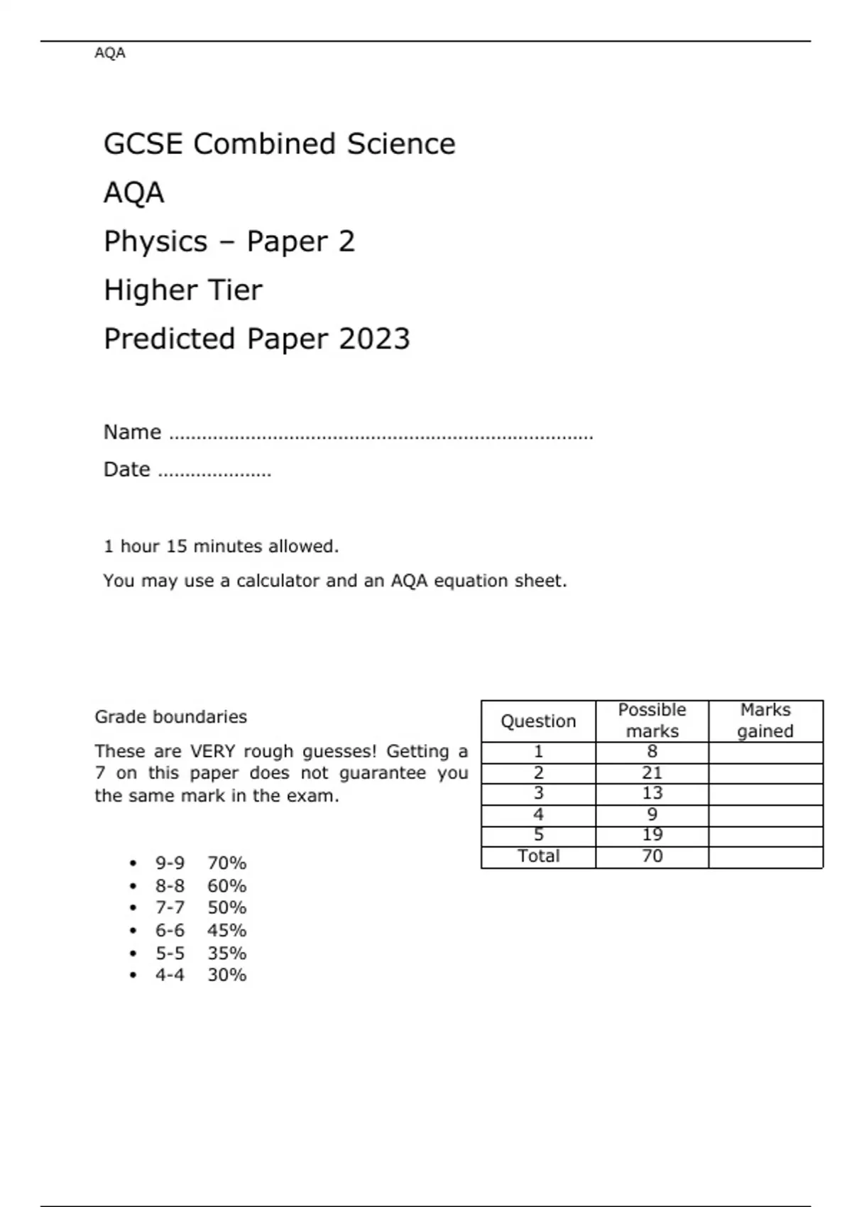 AQA GCSE Combined Science Physics Paper 2 Higher Tier Predicted Paper ...