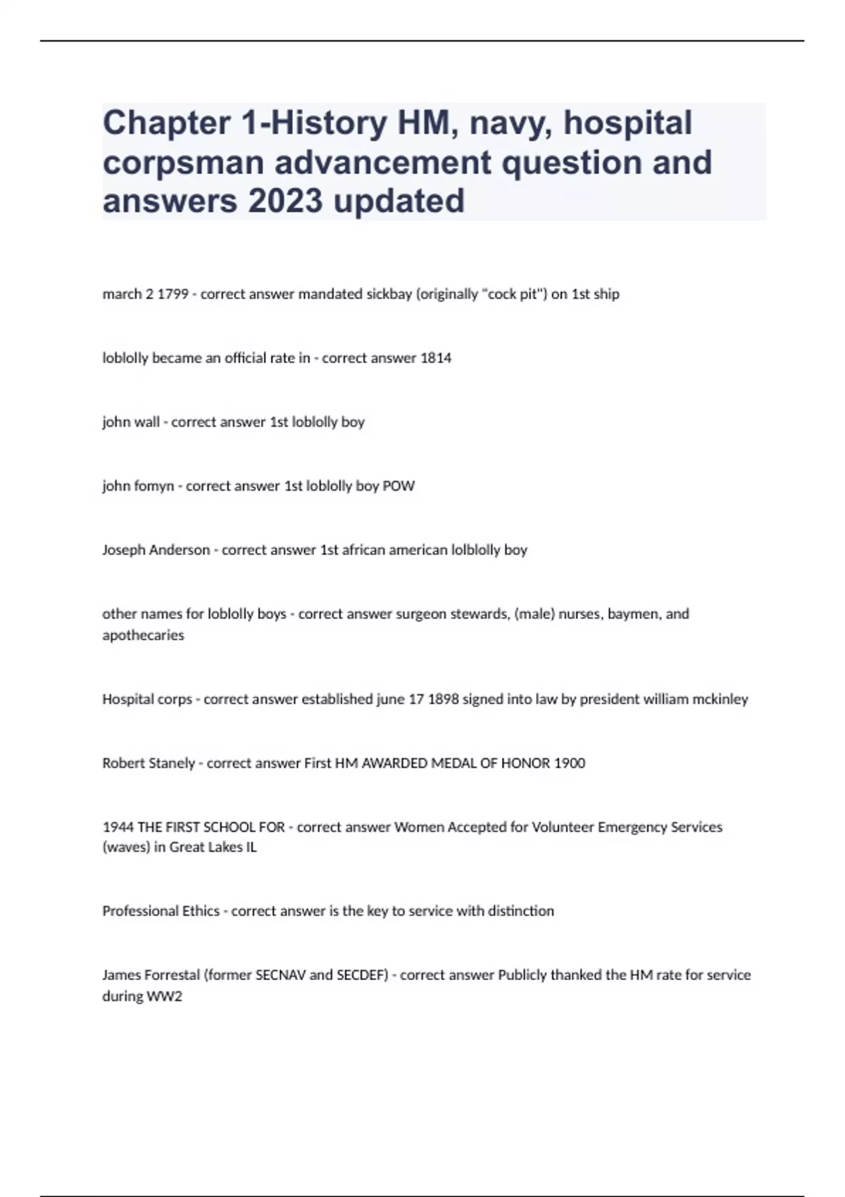 Chapter 1-History HM, navy, hospital corpsman advancement question and ...