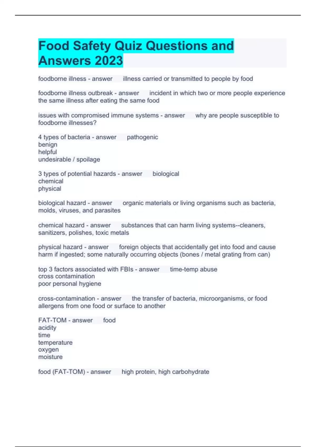 Food Safety Quiz Questions and Answers 2023 - Food safety - Stuvia US