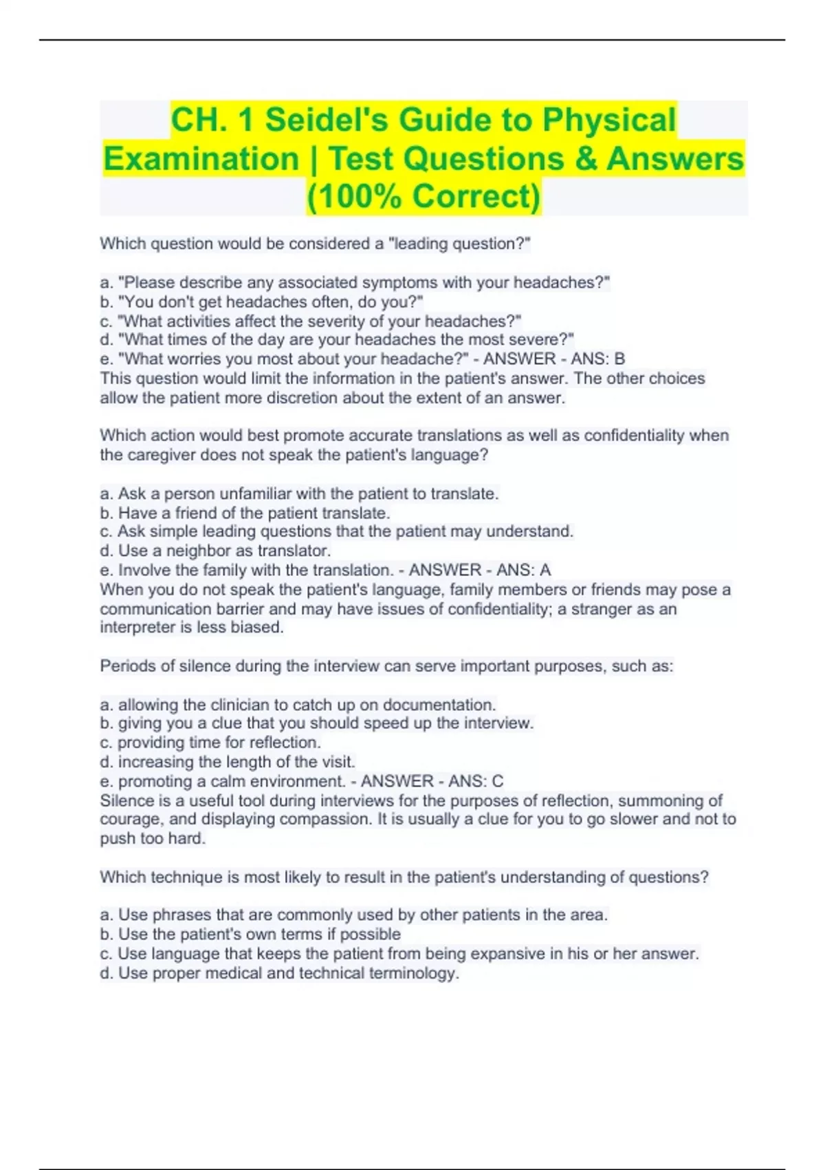 CH. 1 Seidel's Guide to Physical Examination | Test Questions & Answers ...