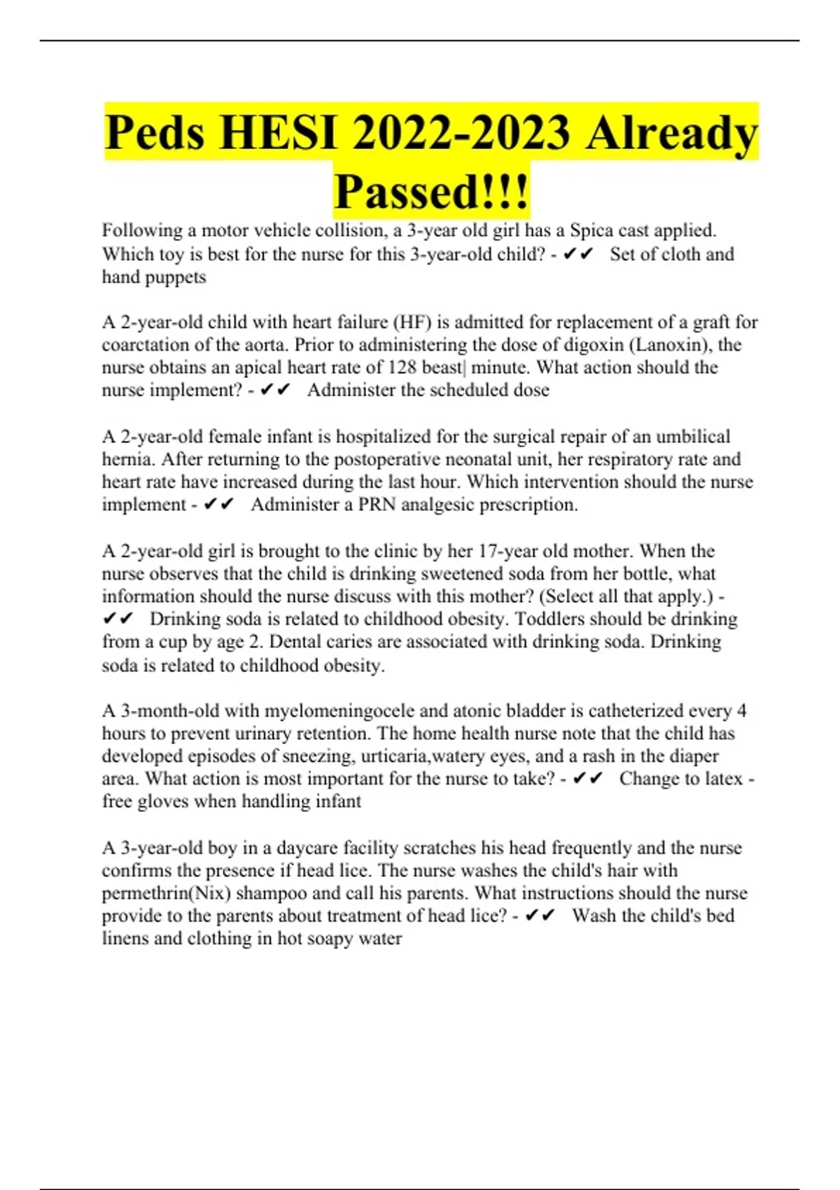 Peds HESI Already Passed!!! - Peds HESI 2022-2023 - Stuvia US