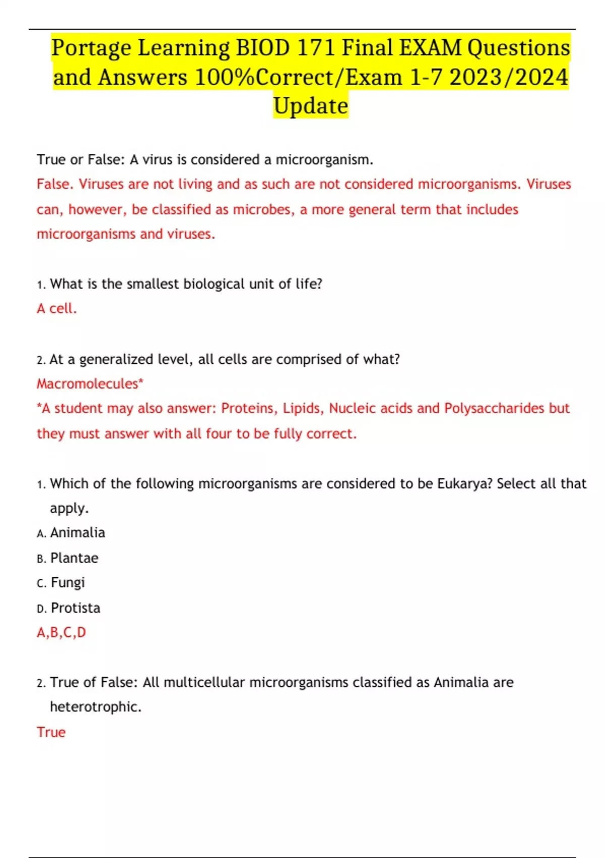 Portage Learning BIOD 171 Final EXAM Questions and Answers 100%Correct ...
