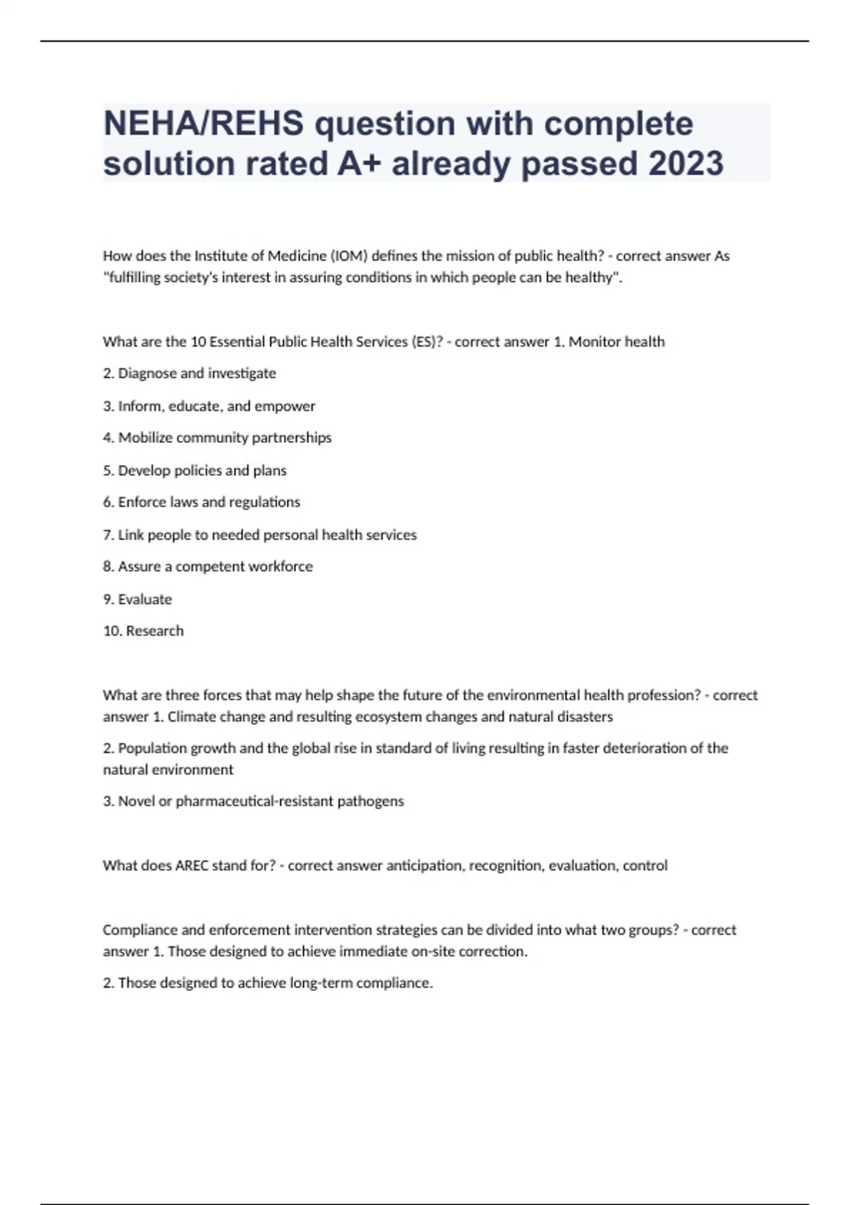 NEHA/REHS question with complete solution rated A+ already passed 2023 ...