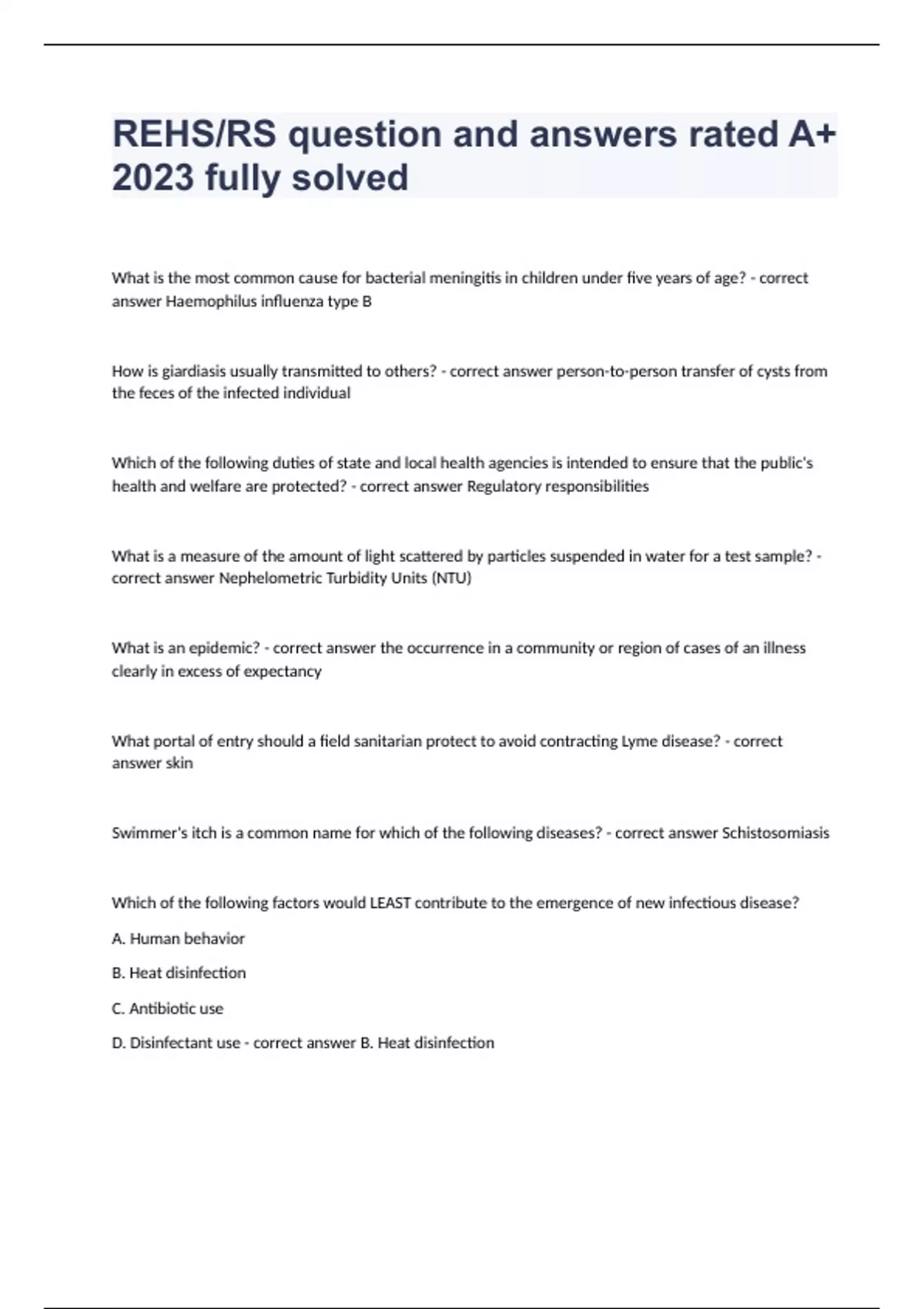 REHS/RS question and answers rated A+ 2023 fully solved - REHS - Stuvia US