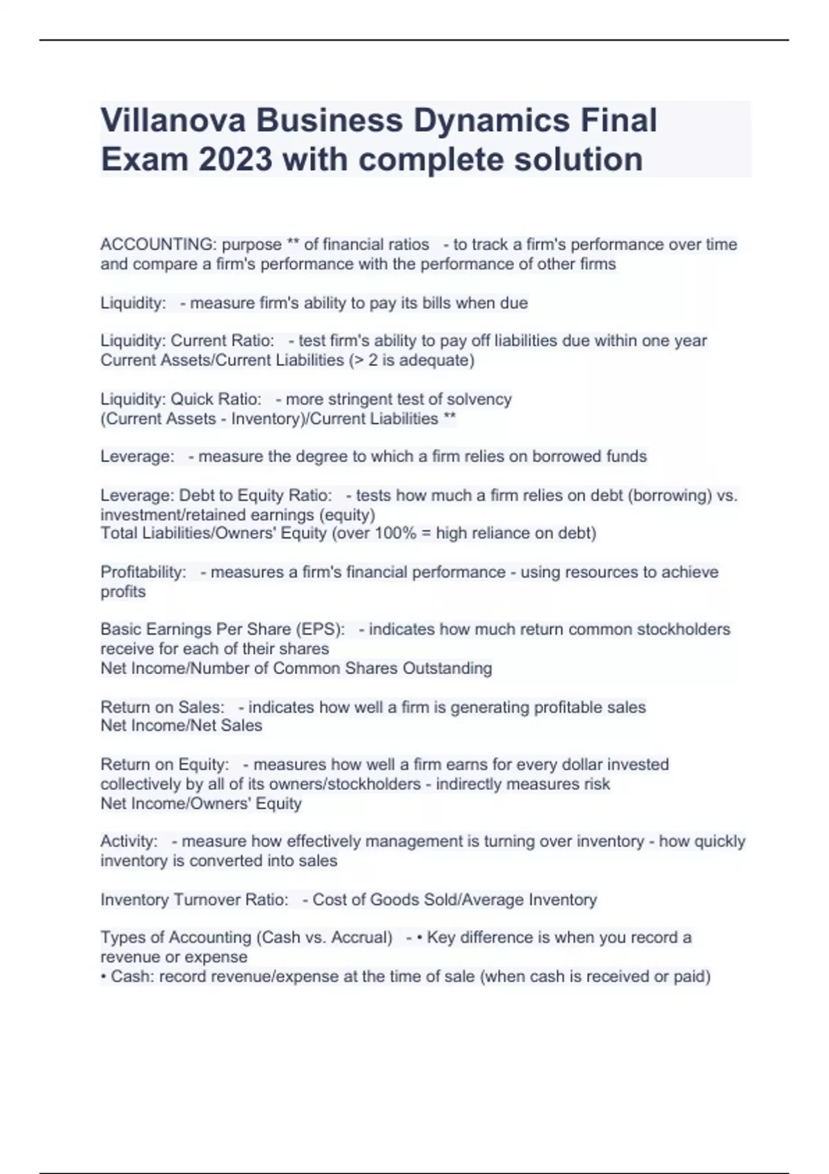 Villanova Business Dynamics Final Exam 2023 with complete solution - Villanova Business Dynamics ...