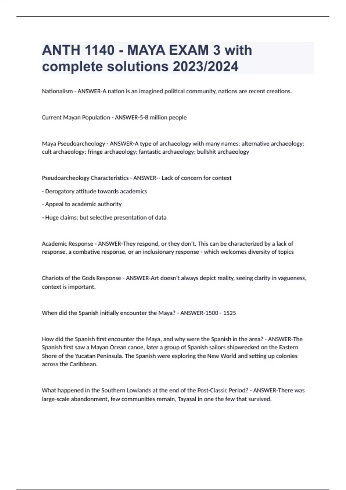 ANTH 1140 - MAYA EXAM 3 with complete solutions 2023/2024 - ANTH 1140 - MAYA - Stuvia US