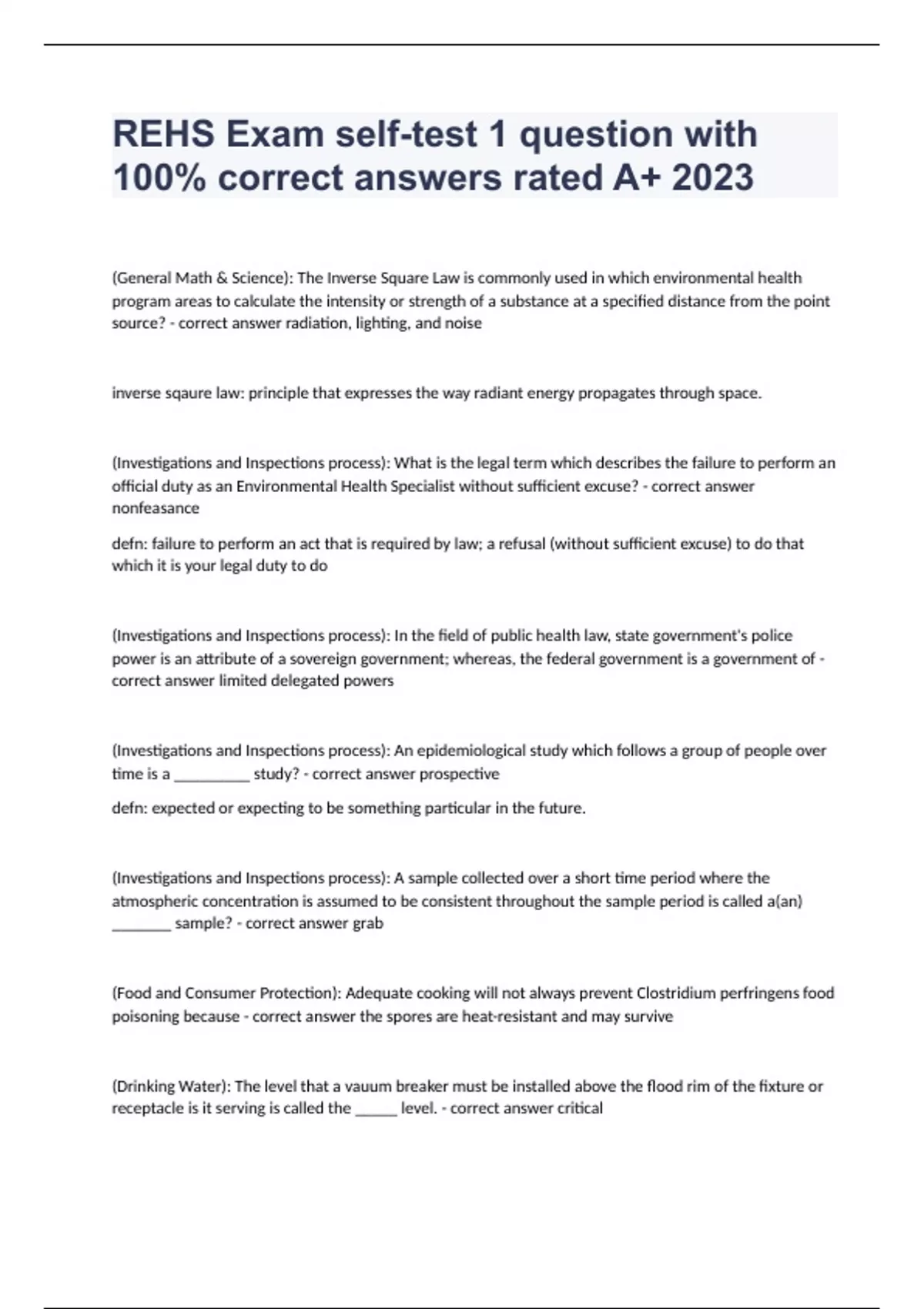 REHS Exam self-test 1 question with 100% correct answers rated A+ 2023 ...