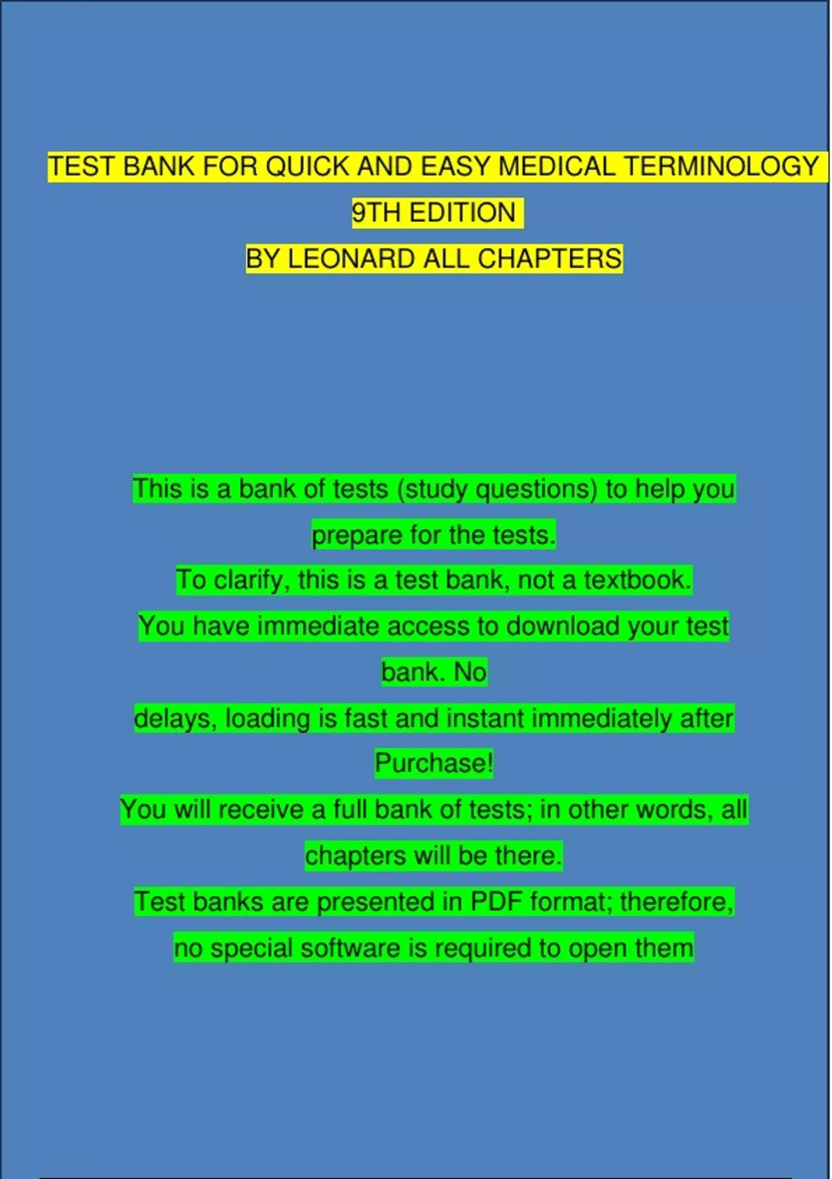 TEST BANK For Quick and Easy Medical Terminology 9th Edition BY PEGGY C ...