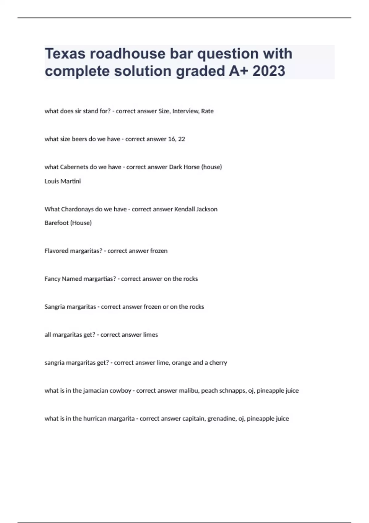 Texas roadhouse bar question with complete solution graded A+ 2023 ...