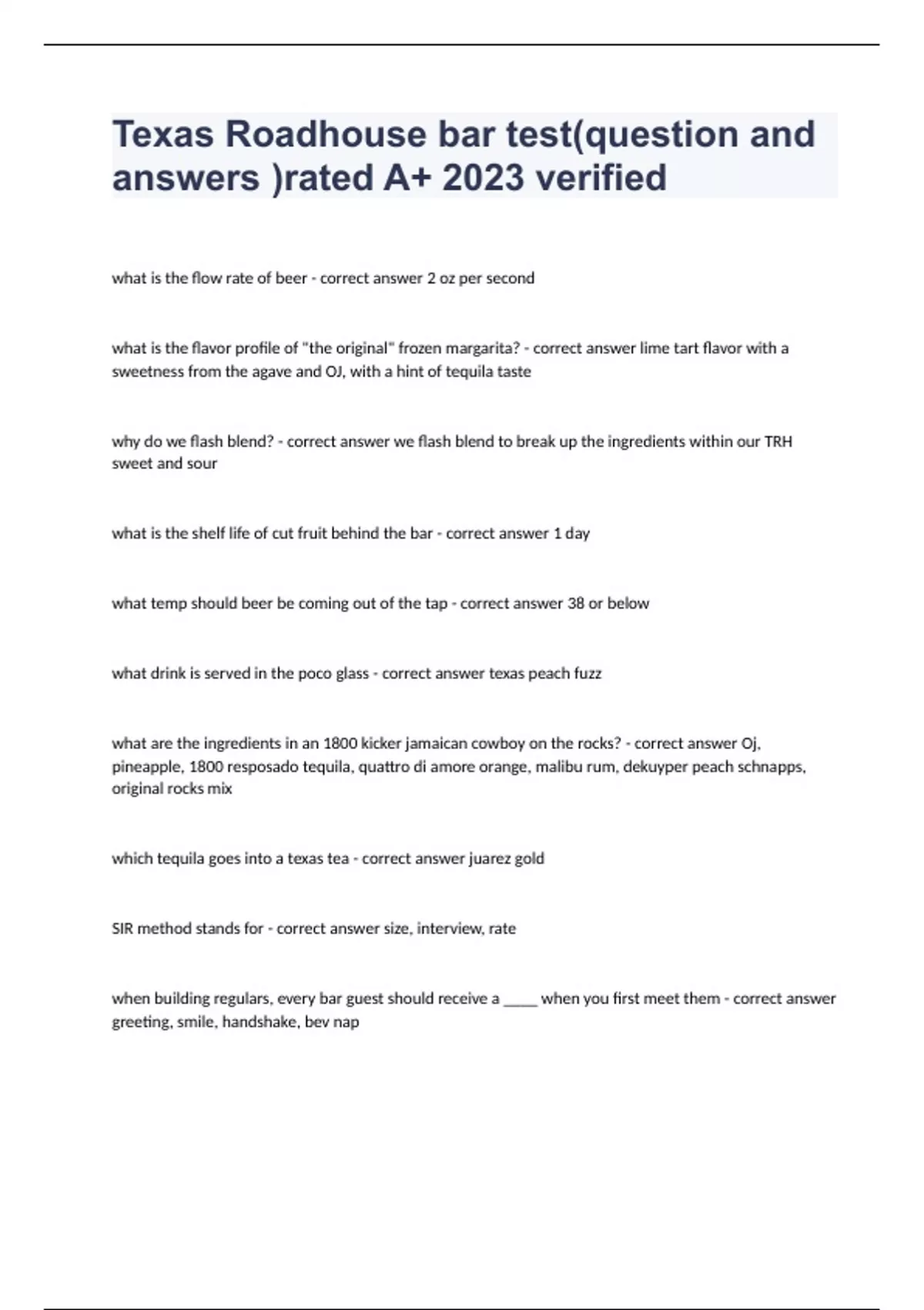 Texas Roadhouse bar test(question and answers )rated A+ 2023 verified ...