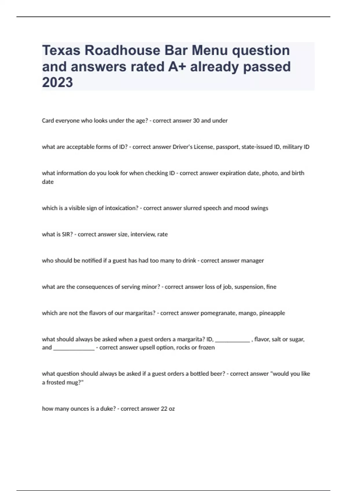 Texas Roadhouse Bar Menu question and answers rated A+ already passed ...