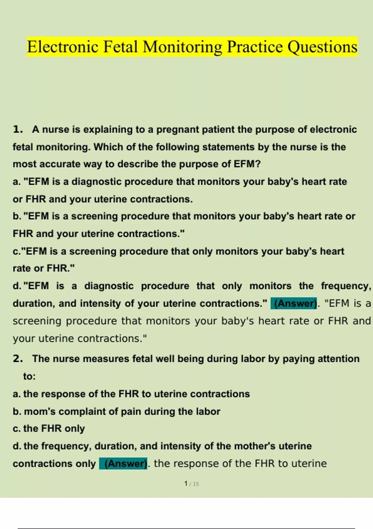 NCC Electronic Fetal Monitoring Exam Practice Questions and Answers ...