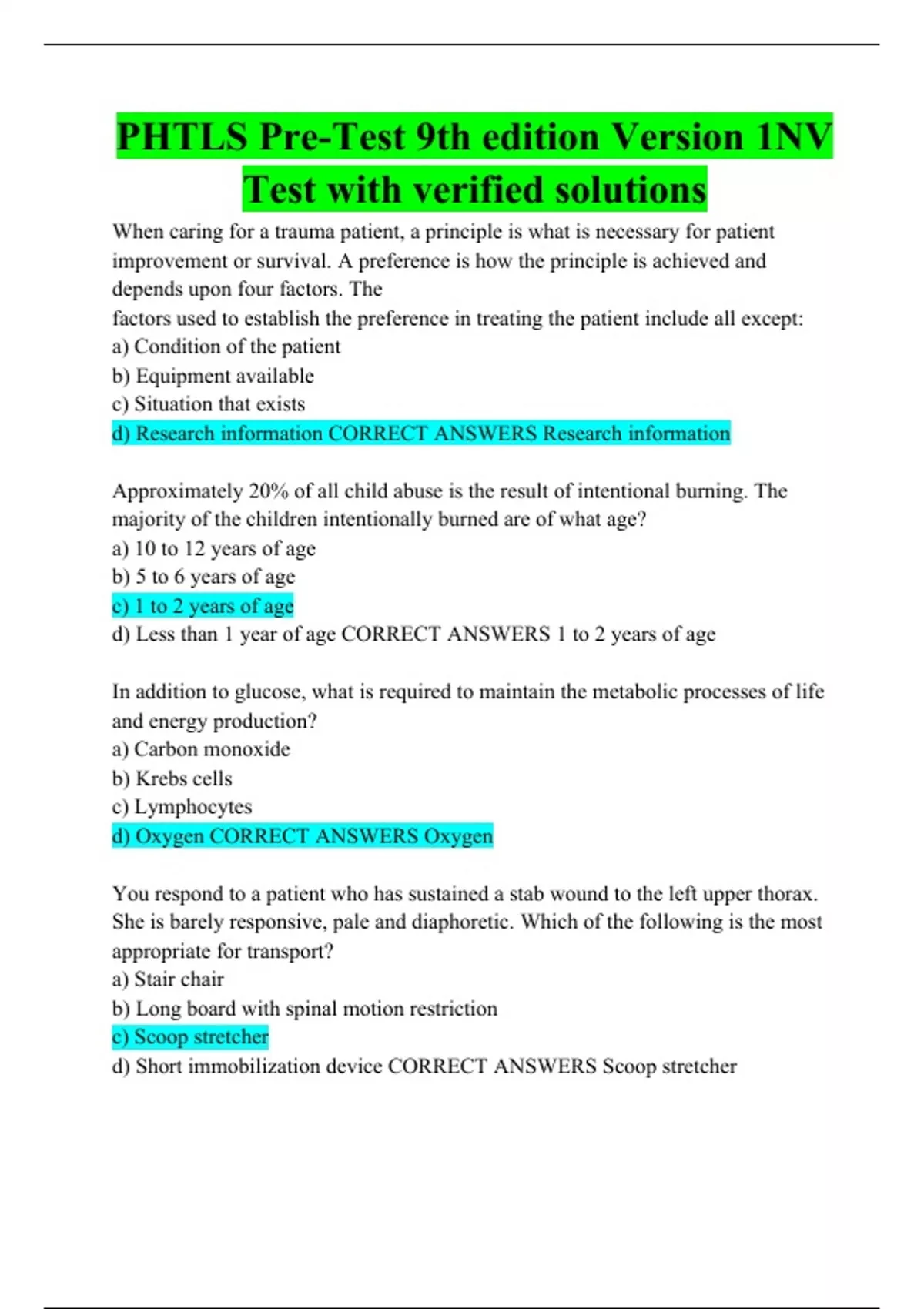 PHTLS Pre-Test 9th edition Version 1NV Test with verified solutions ...