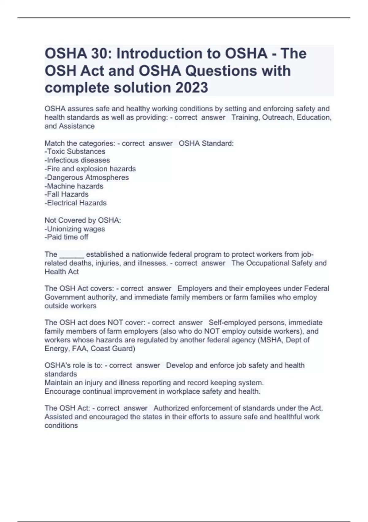 OSHA 30: Introduction to OSHA - The OSH Act and OSHA Questions with complete solution 2023 ...