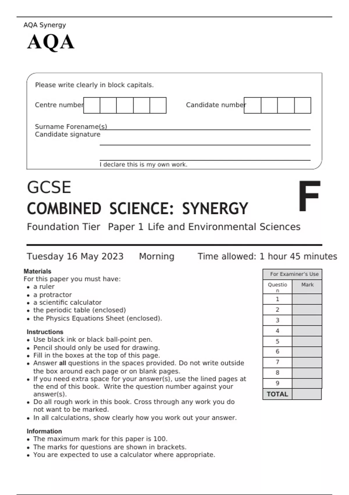 Aqa Gcse Combined Science Synergy Foundation Tier Paper 1 May 2023