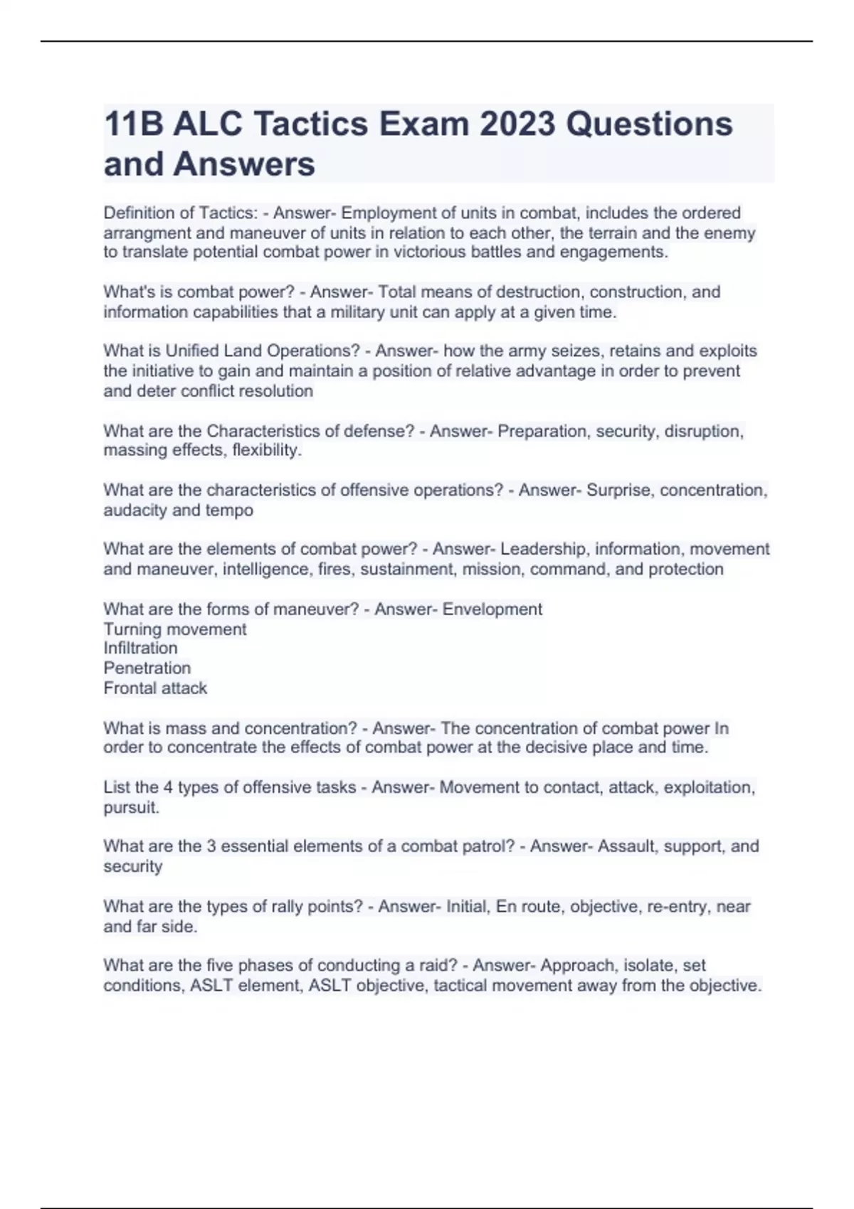11B ALC Tactics Exam 2023 Questions and Answers - ALC - Stuvia US