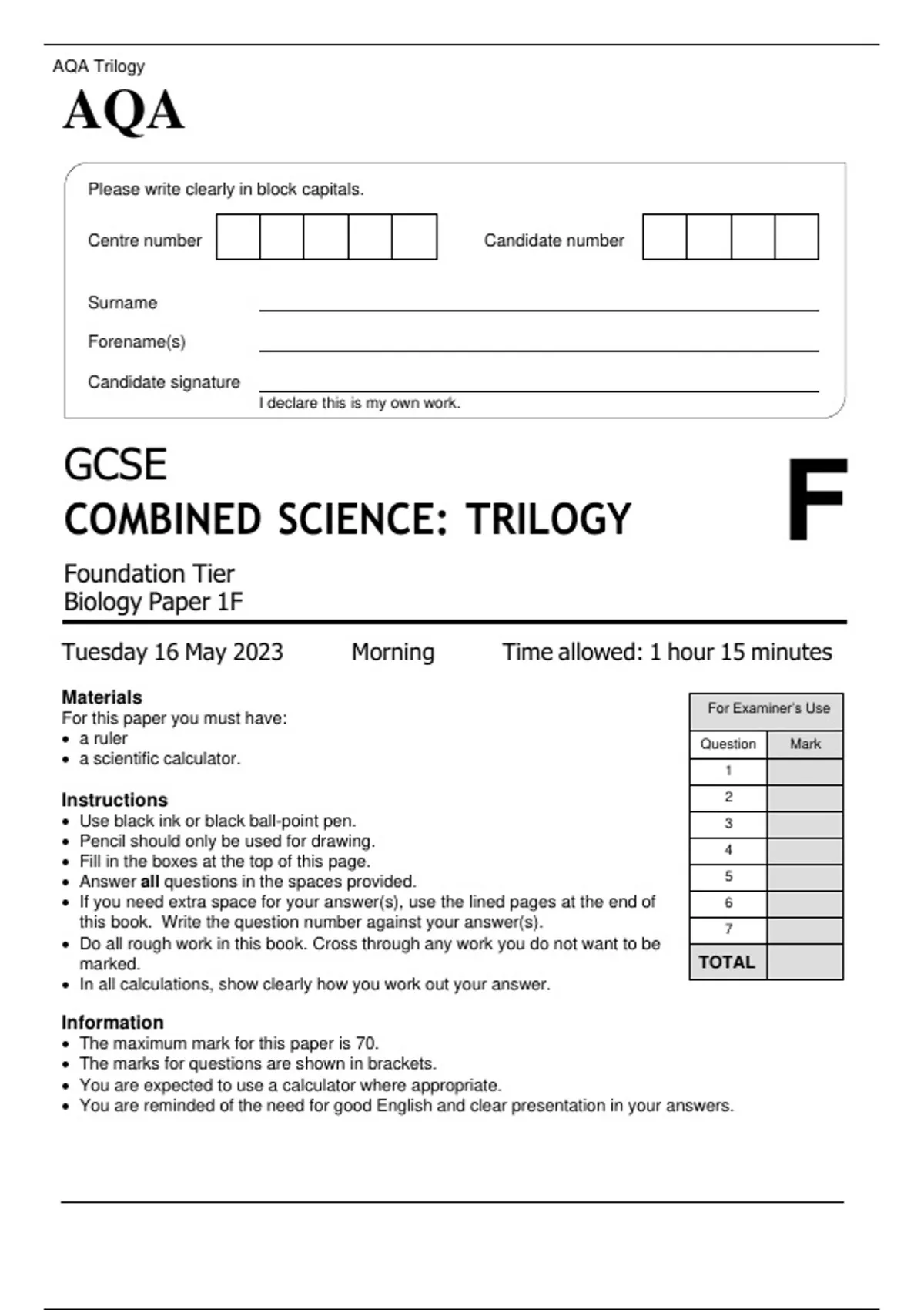 AQA GCSE COMBINED SCIENCE TRILOGY Foundation Tier Biology Paper 1F MAY ...