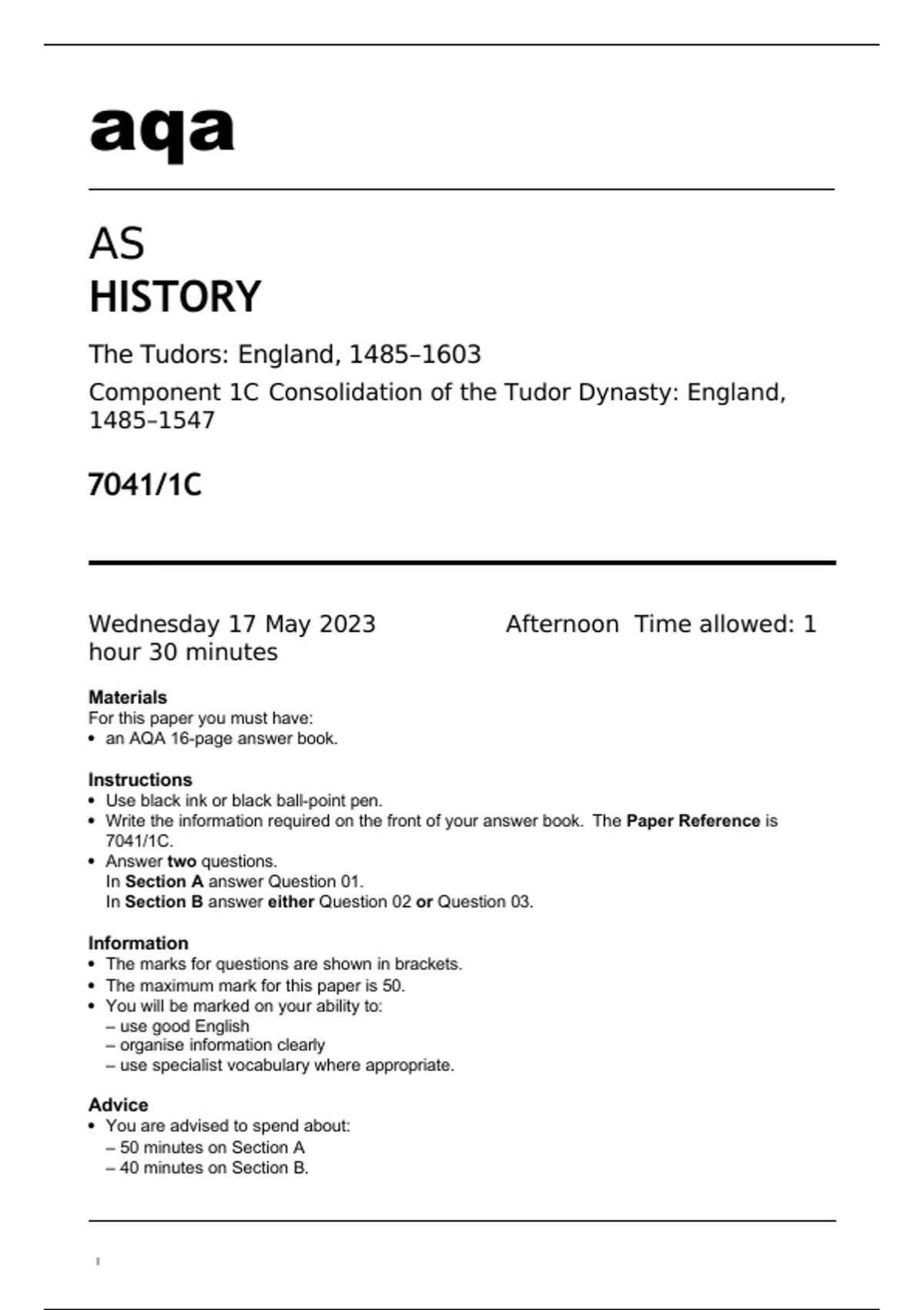 aqa AS HISTORY The Tudors: England, 1485–1603 Component 1C ...