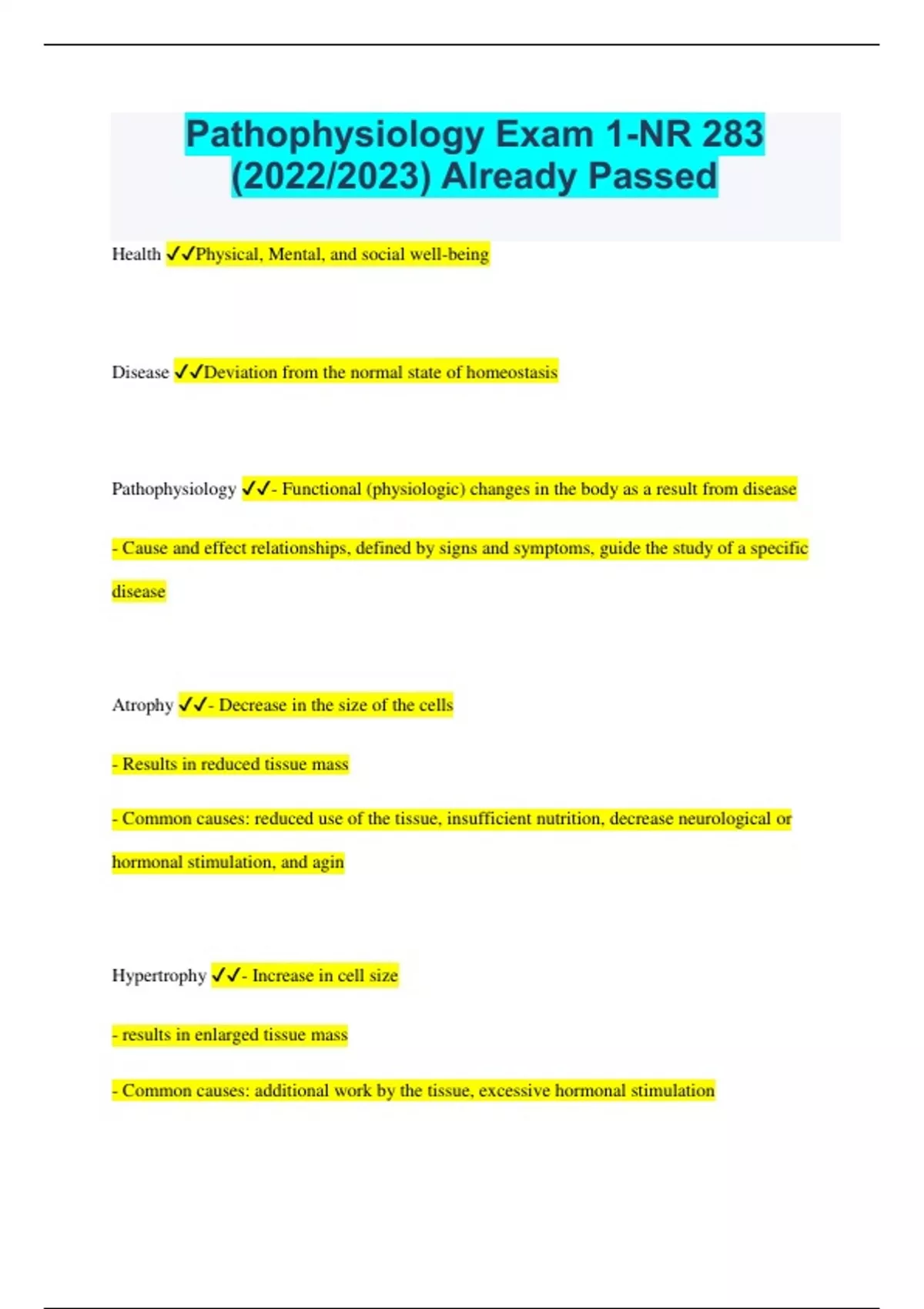 Pathophysiology Exam 1-NR 283 (2022/2023) Already Passed ...