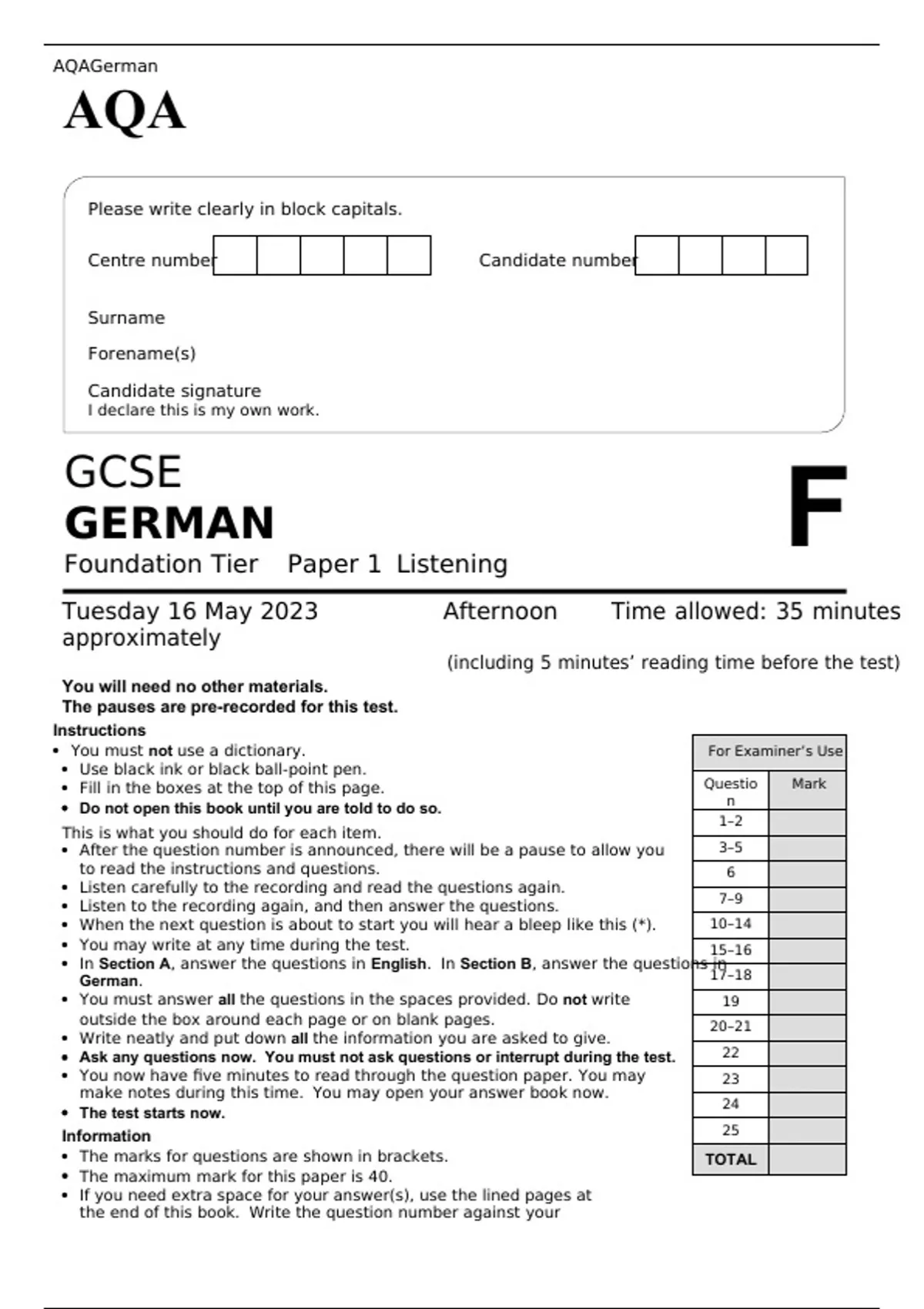 AQA GCSE GERMAN Foundation Tier Paper 1 MAY 2023 QUESTION PAPER ...